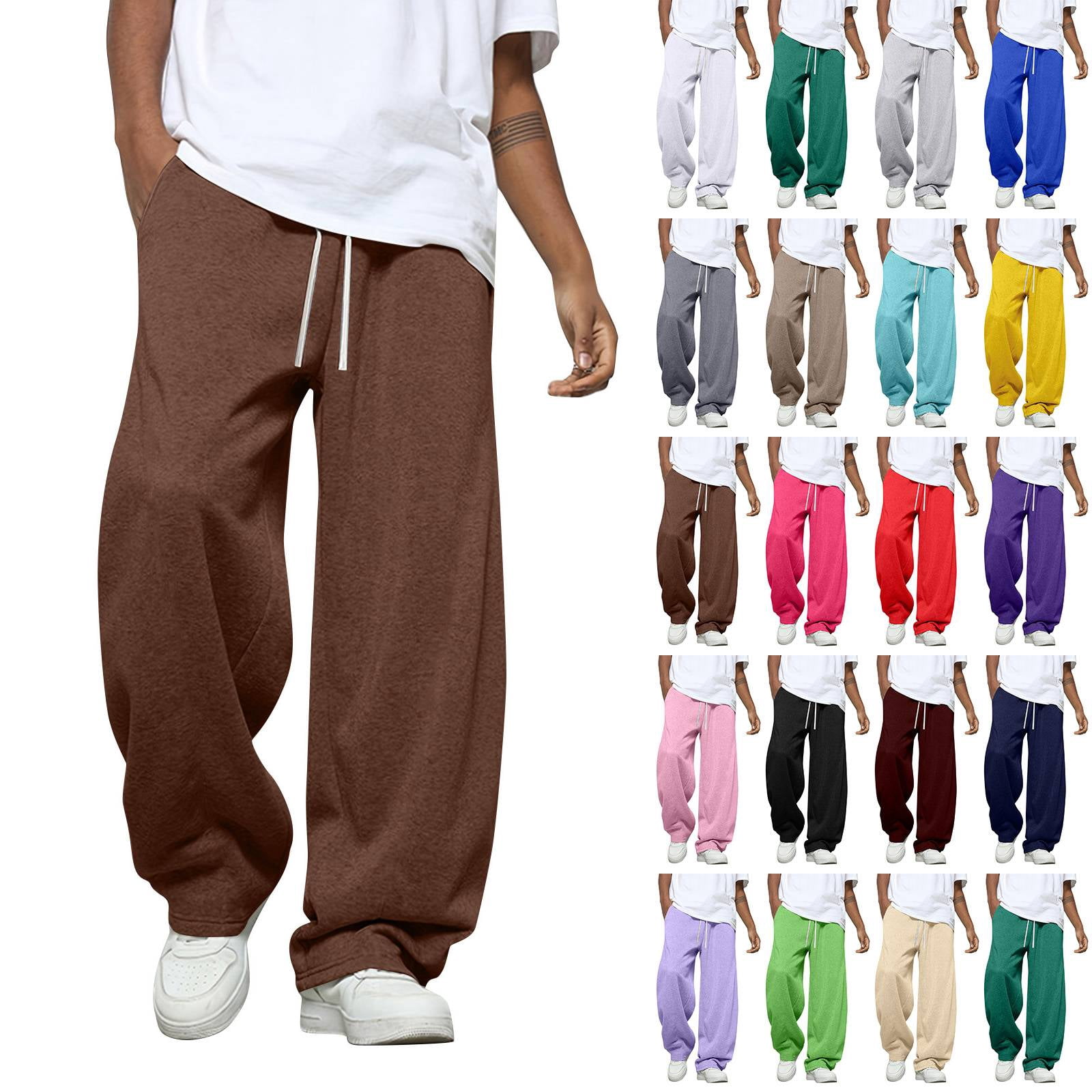 Coffee Open Hem Sweatpants Mens Straight Wide Leg with Draw Sting and ...