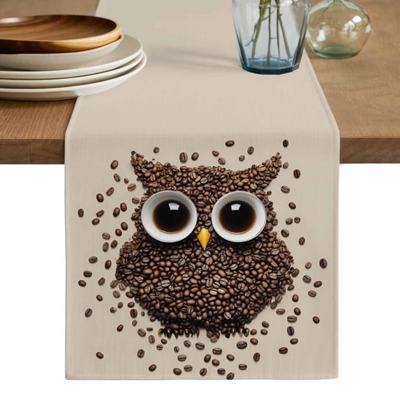 Coffee Owl Table Runner, Cute Bird Big Eyes Animals Brown Beans ...