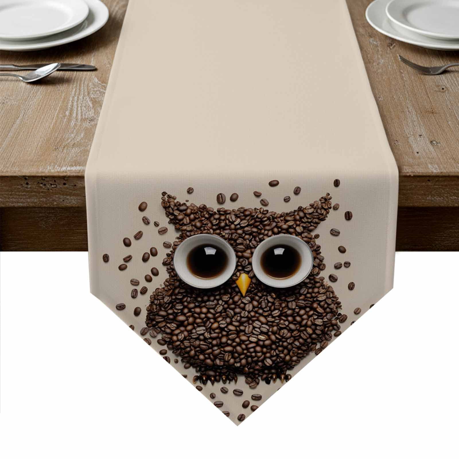 Coffee Owl Table Runner Linen Burlap Table Runner 72 Inches Long Cute ...
