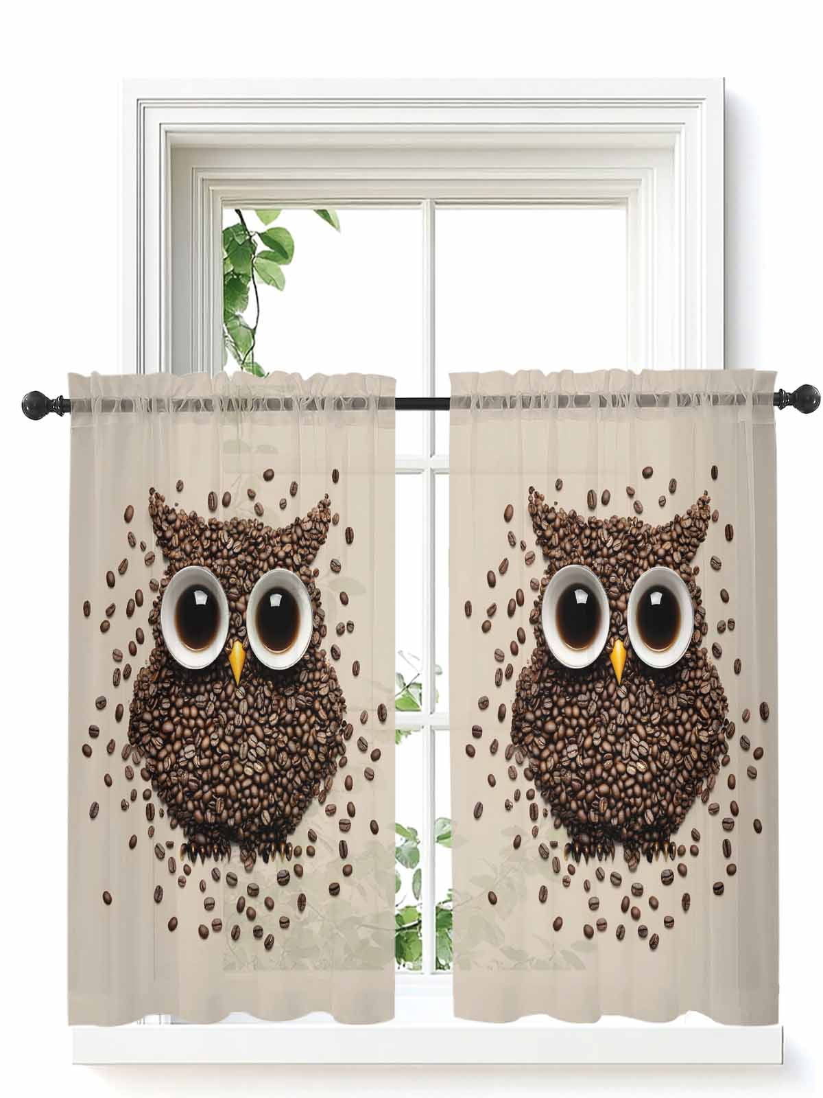 Coffee Owl Tier Curtains 45 Inch Length,Sheer Curtains for Bedroom ...