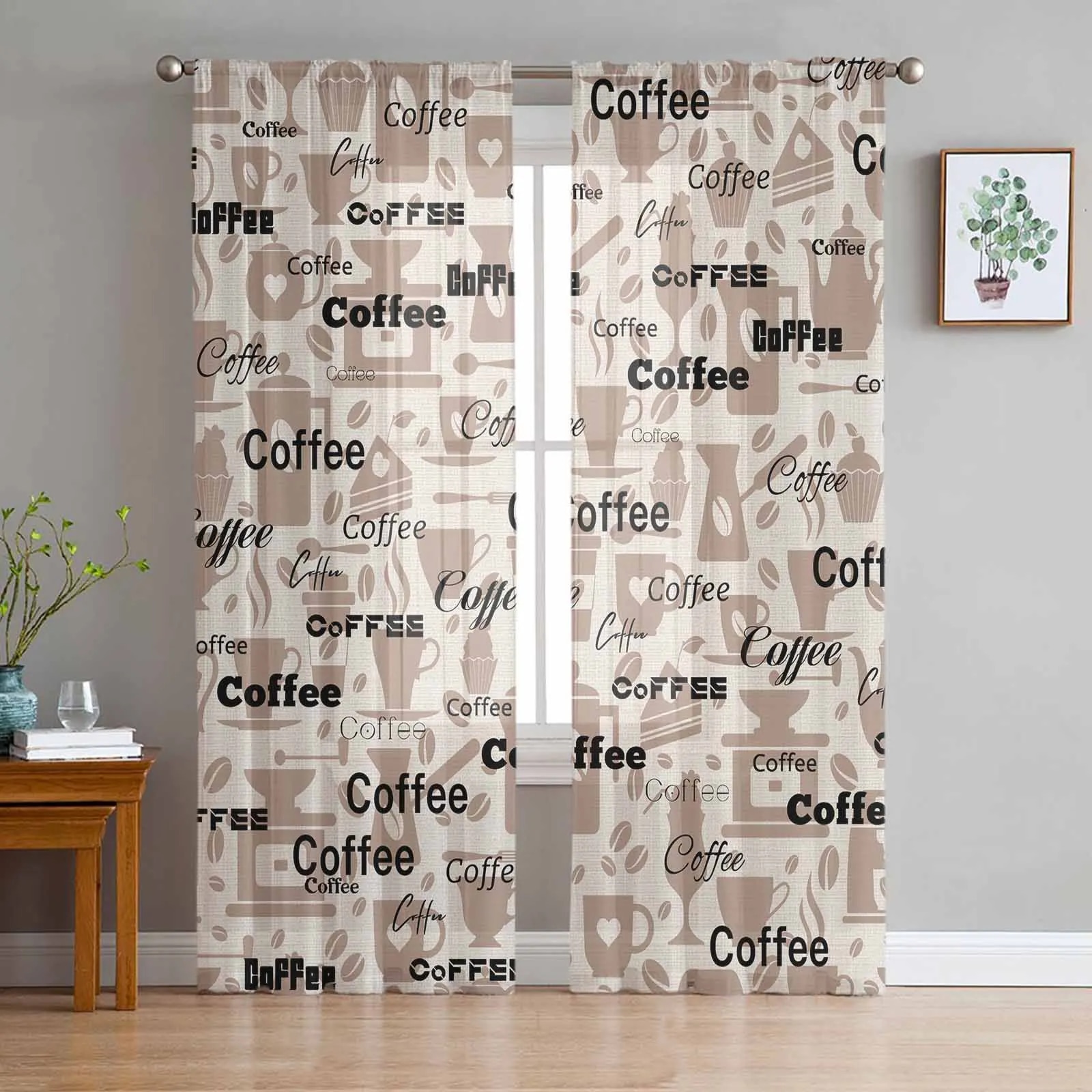 Coffee Pattern Coffee Beans Tulle Curtains for Living Room Bedroom ...