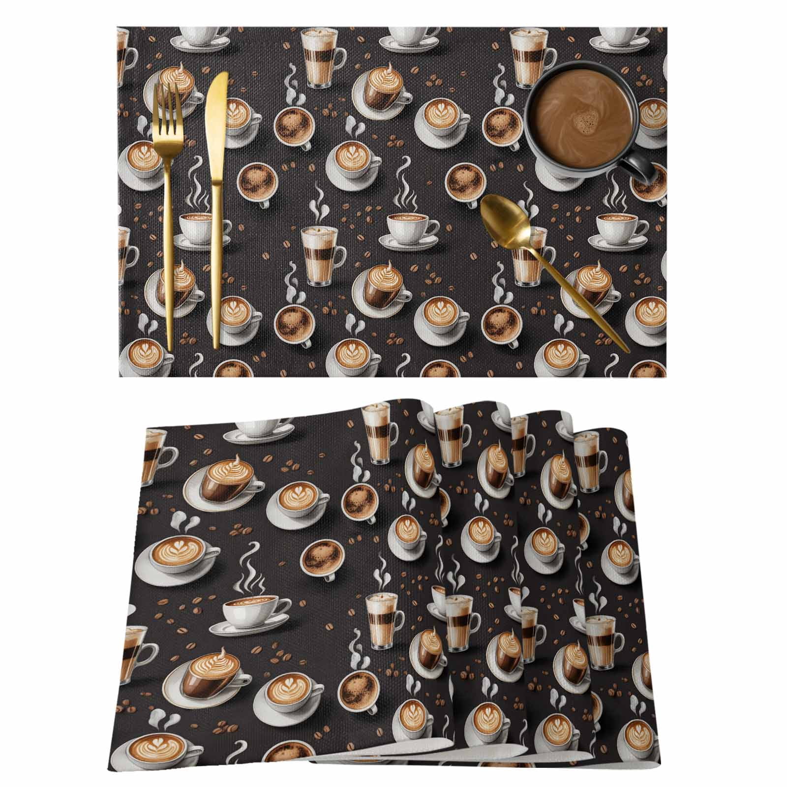 Coffee Placemats Set of 12, Hot Cafe Cup Beans Modern Retro Black ...