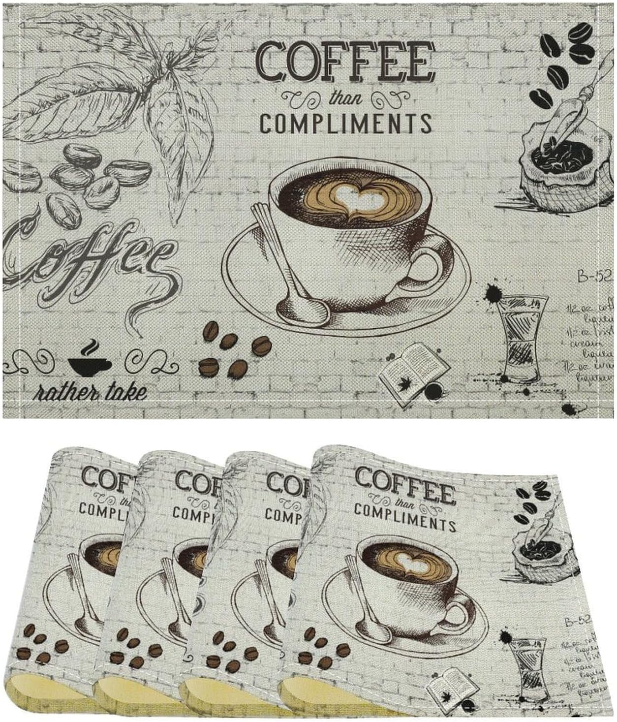 Coffee Placemats Set of 4 for Café,Vintage Hand Painted Art Brick Wall ...