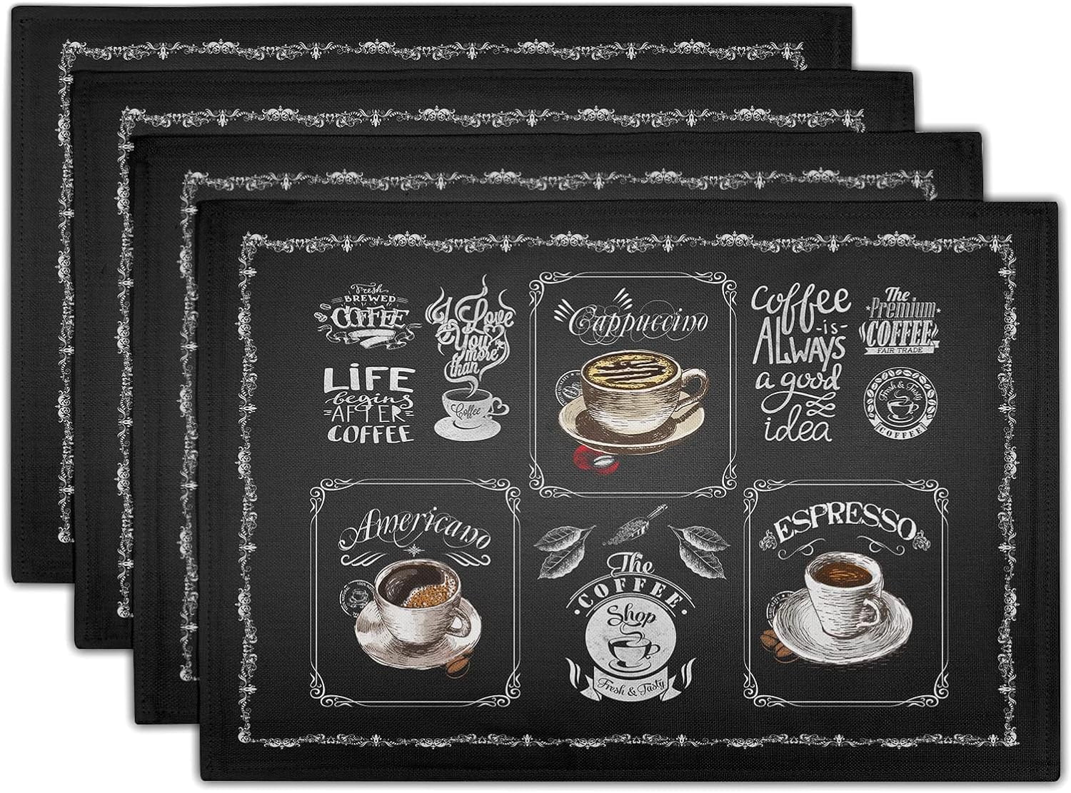 Coffee Placemts Set of 4, 12"x18" Black Cafe Life Themed Coffee Beans ...