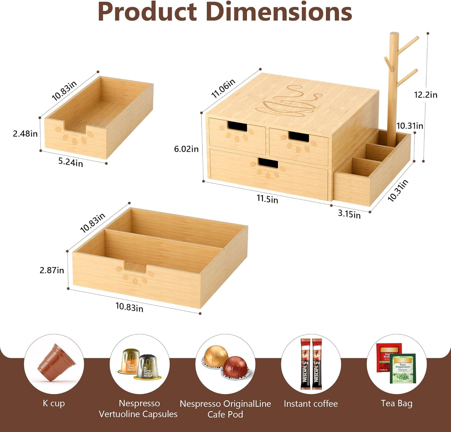 Coffee Pod Drawer, Wooden K Cup Holder with Tree Shape Mug Holder and ...