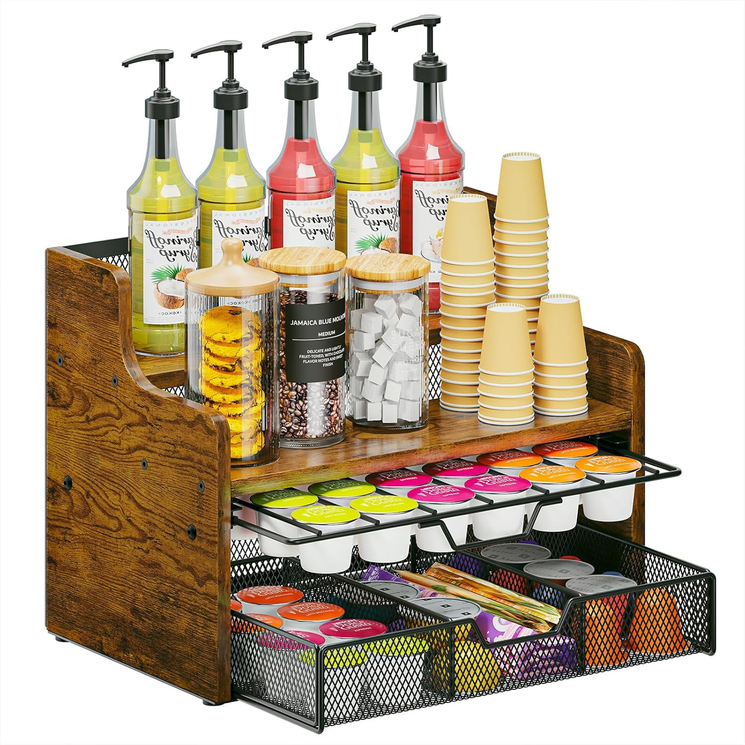 Coffee Pod Holder with Drawer & Dividers, 4-Tier Wood K Cup Organizer ...