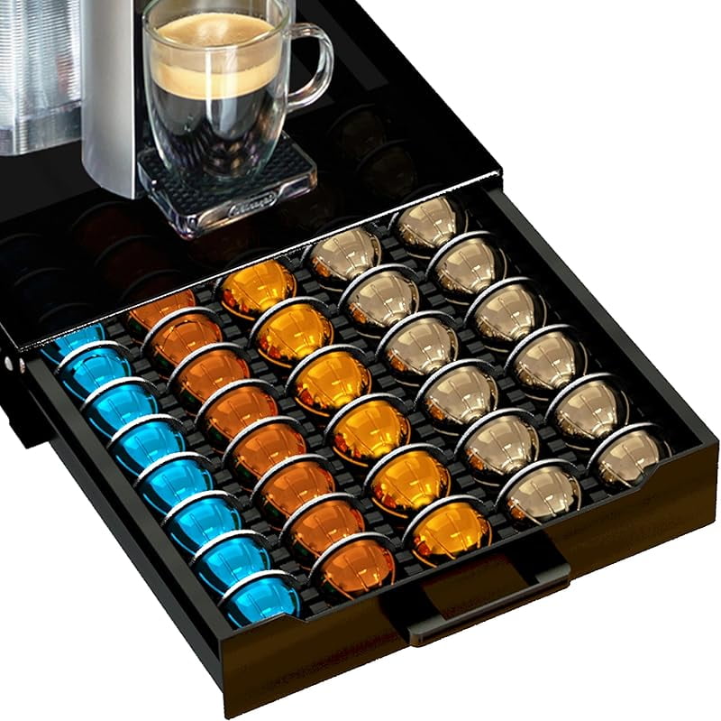 Coffee Pod Holder Drawer Organizer with Deluxe Black Tempered Glass Top ...