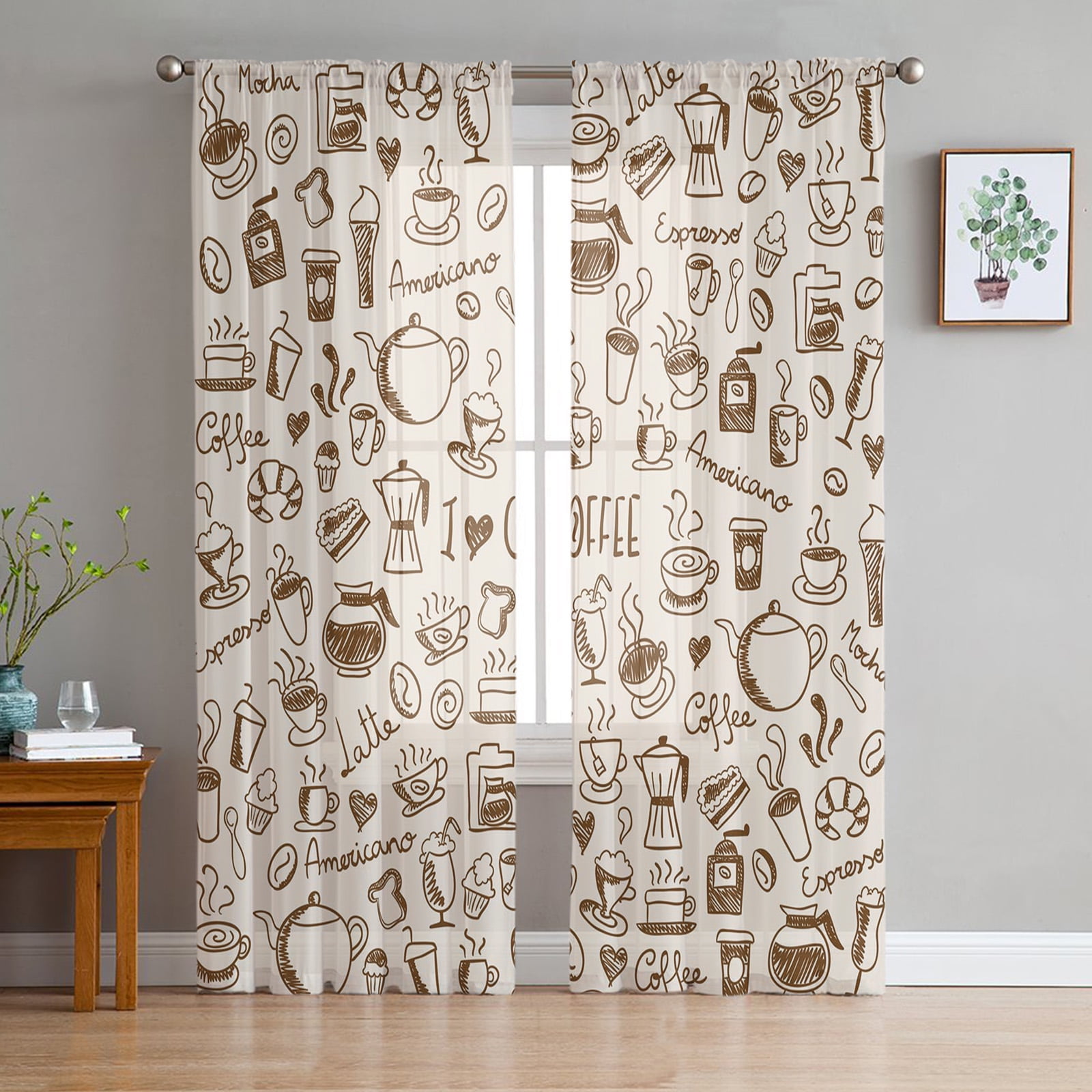 Coffee Poster Coffee Cup Black Sheer Curtain for Living Room Bedroom ...