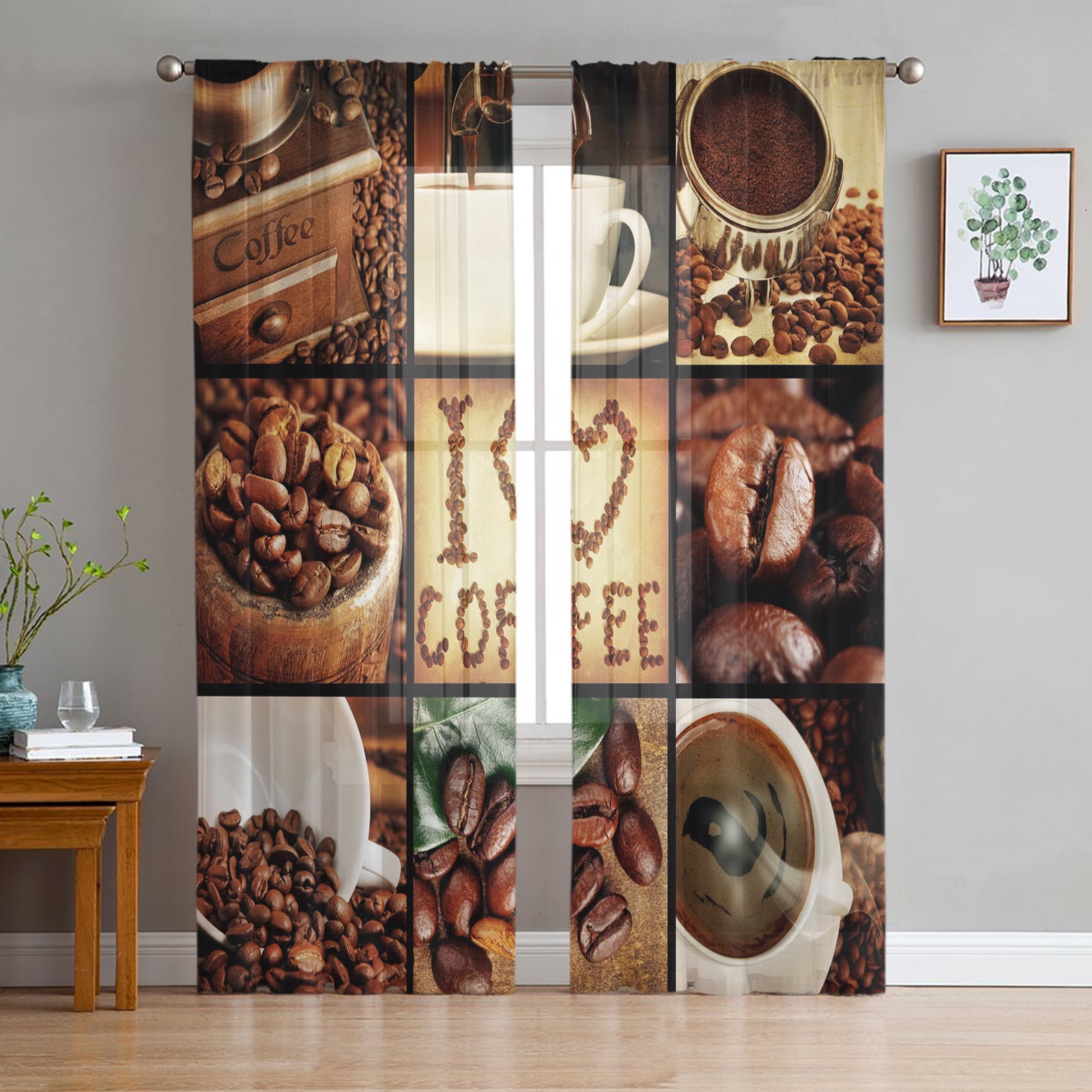 Coffee Poster Coffee Cup Black Sheer Curtain for Living Room Bedroom ...