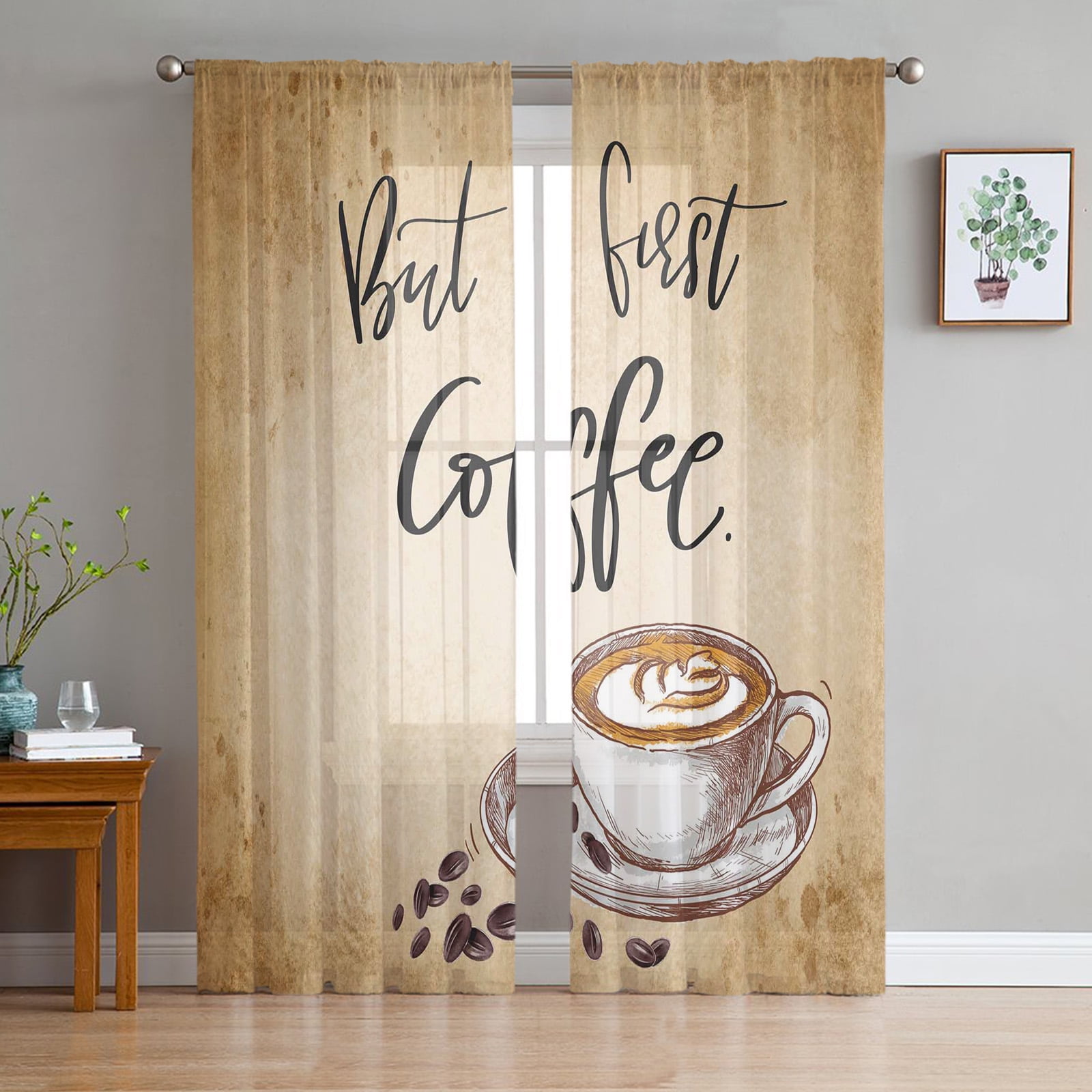 Coffee Poster Coffee Cup Black Sheer Curtain for Living Room Bedroom ...