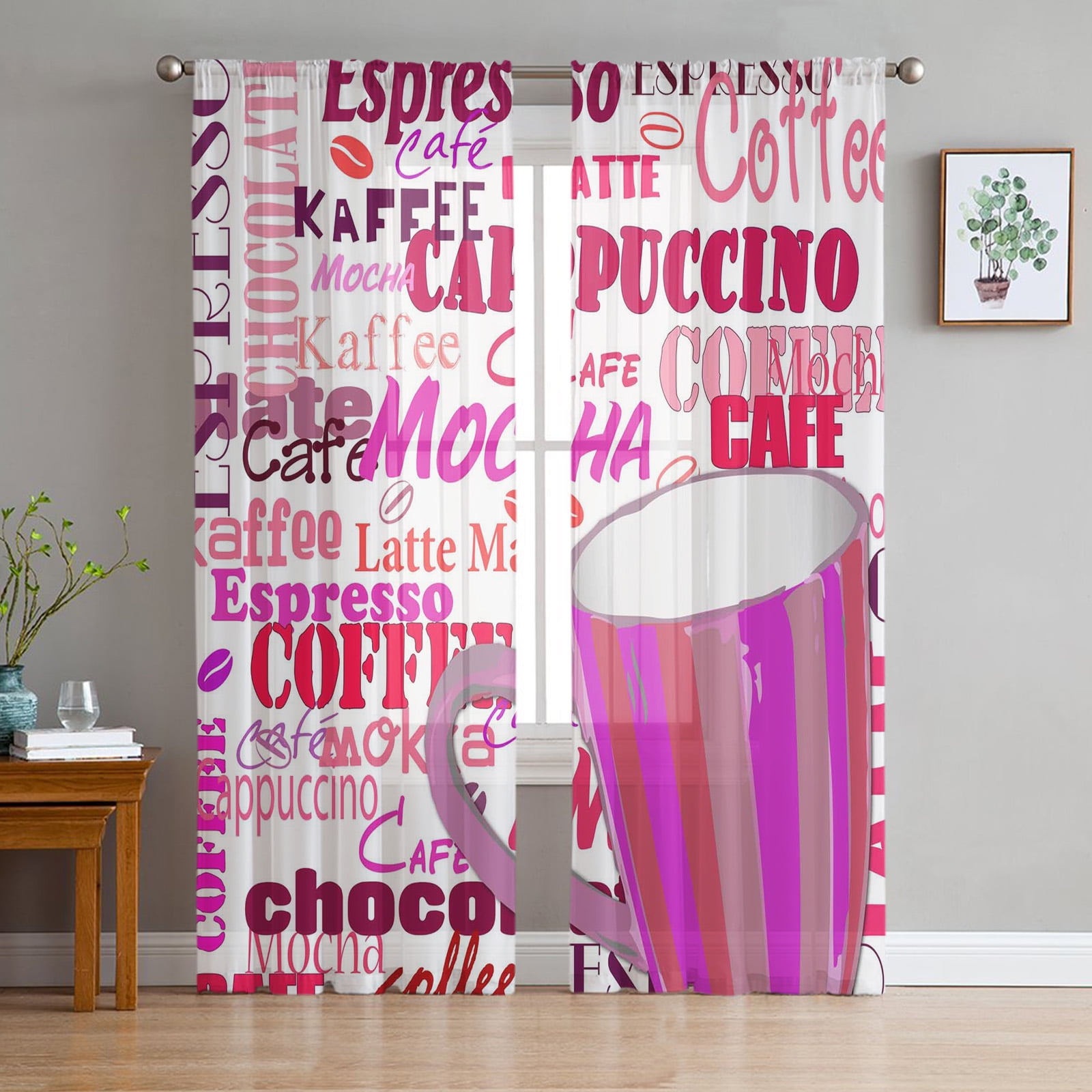 Coffee Poster Coffee Cup Black Sheer Curtain for Living Room Bedroom ...