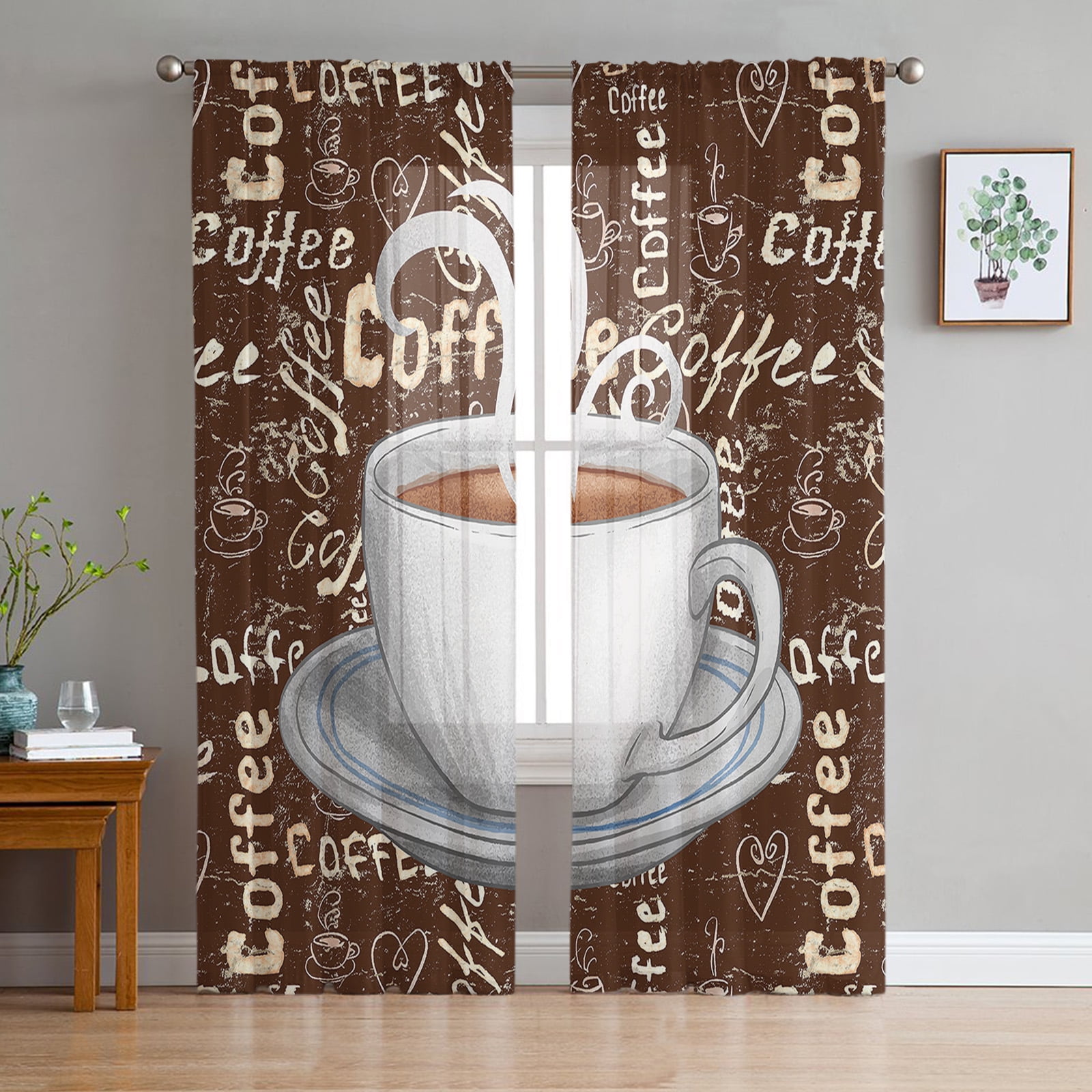 Coffee Poster Coffee Cup Black Sheer Curtain for Living Room Bedroom ...