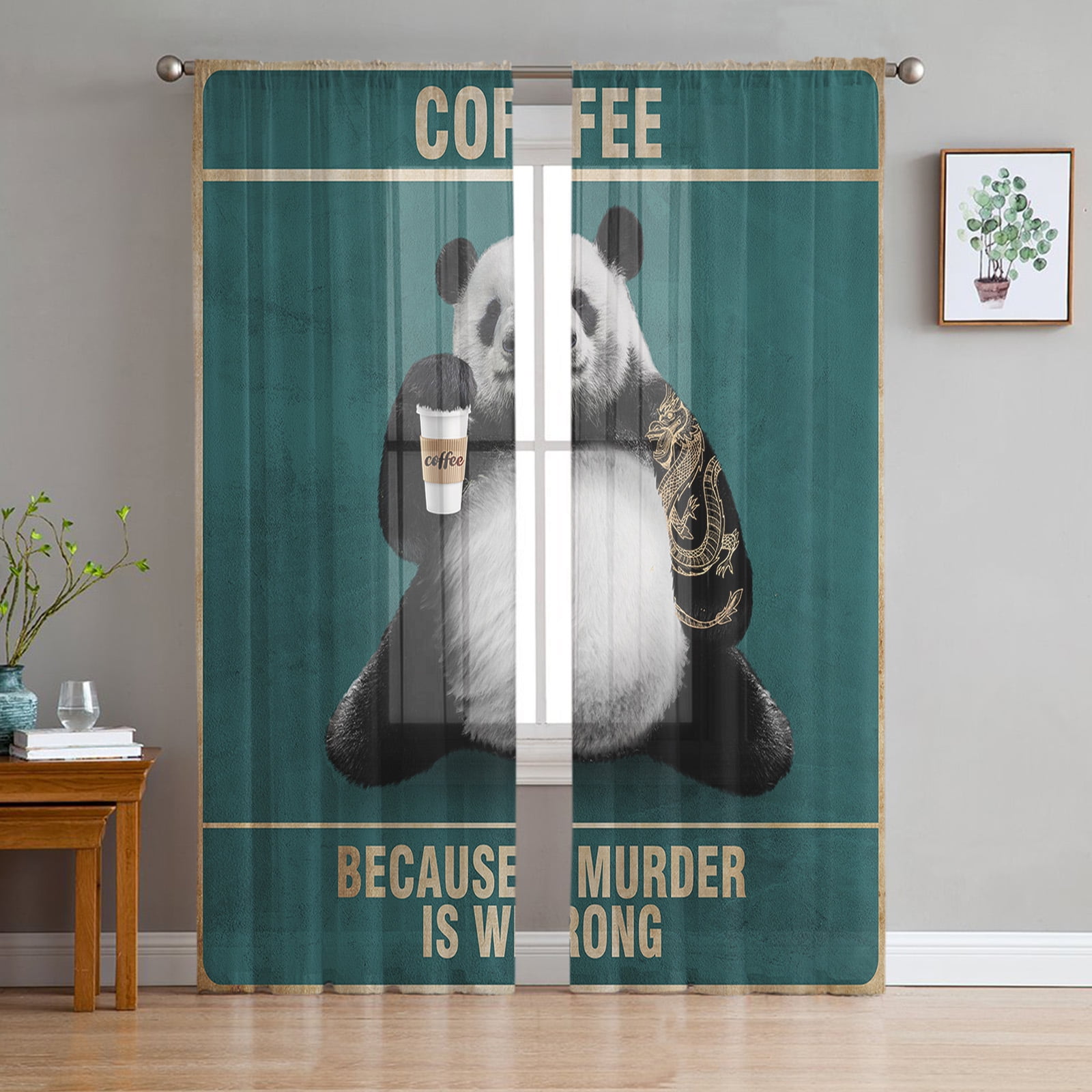 Coffee Poster Coffee Cup Black Sheer Curtain for Living Room Bedroom ...