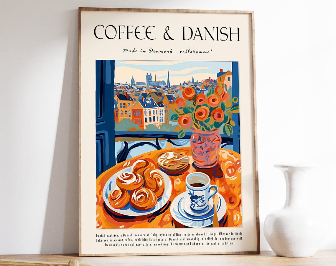 Coffee Poster, Danish Pastry Food Poster, Dessert Print, Cooking Poster ...