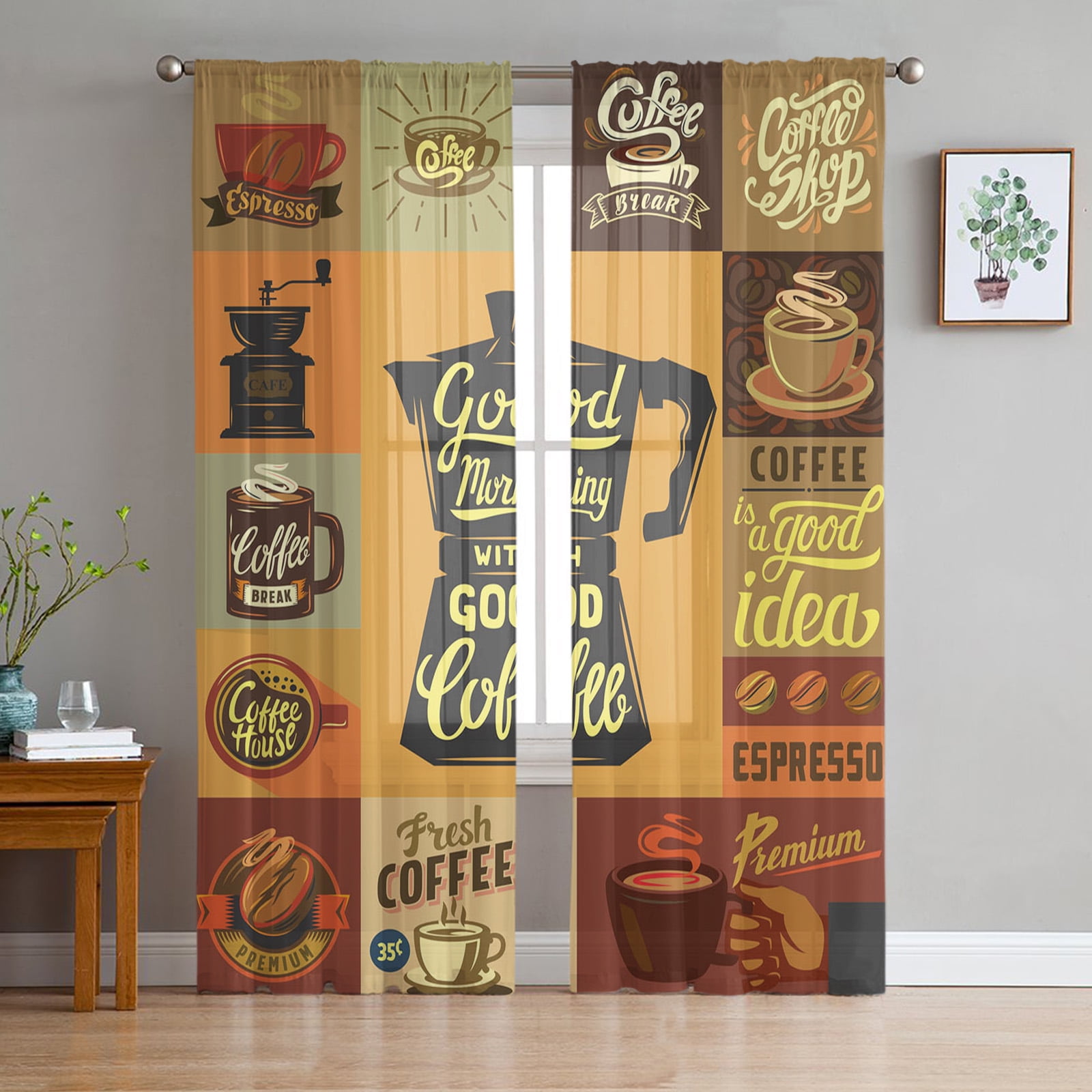 Coffee Poster Decals Black Curtain Window Tulle For Living Room Bedroom ...