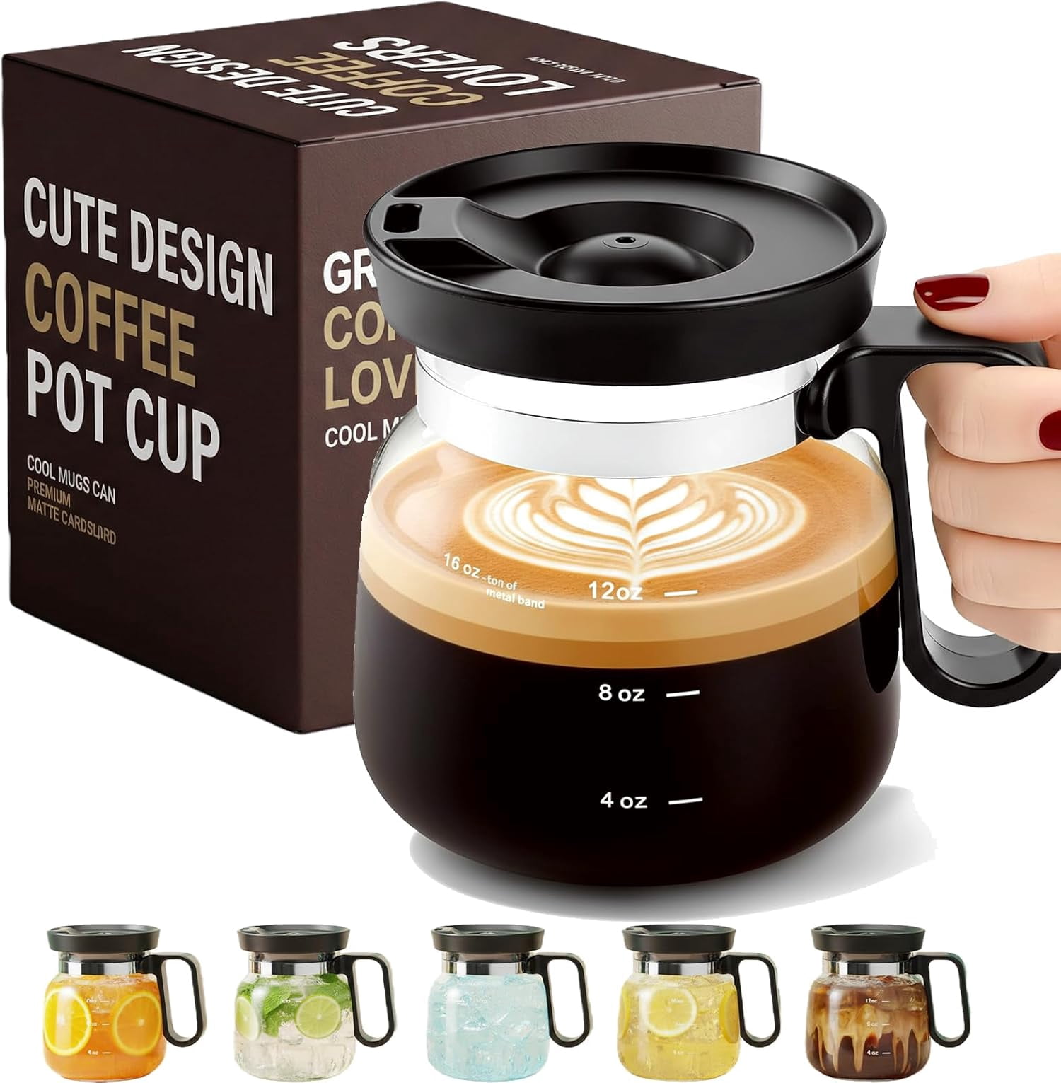 Coffee Pot Mug with Lid,16 Oz Glass Mini Coffee Cup | Spill Proof ...