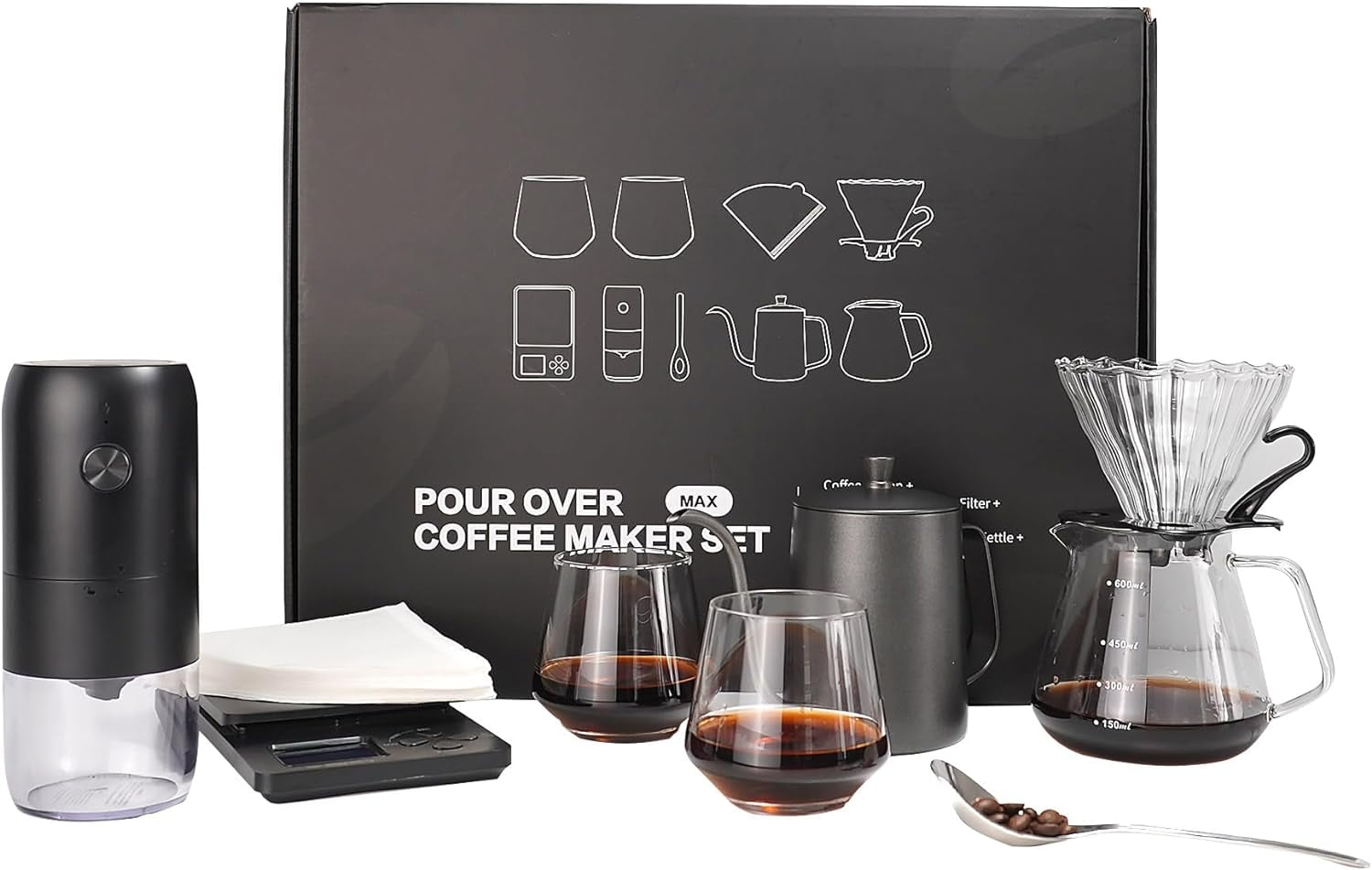 Coffee Pour Over Kit Hand Drip with Kettle, Electric Grinder, Camping ...