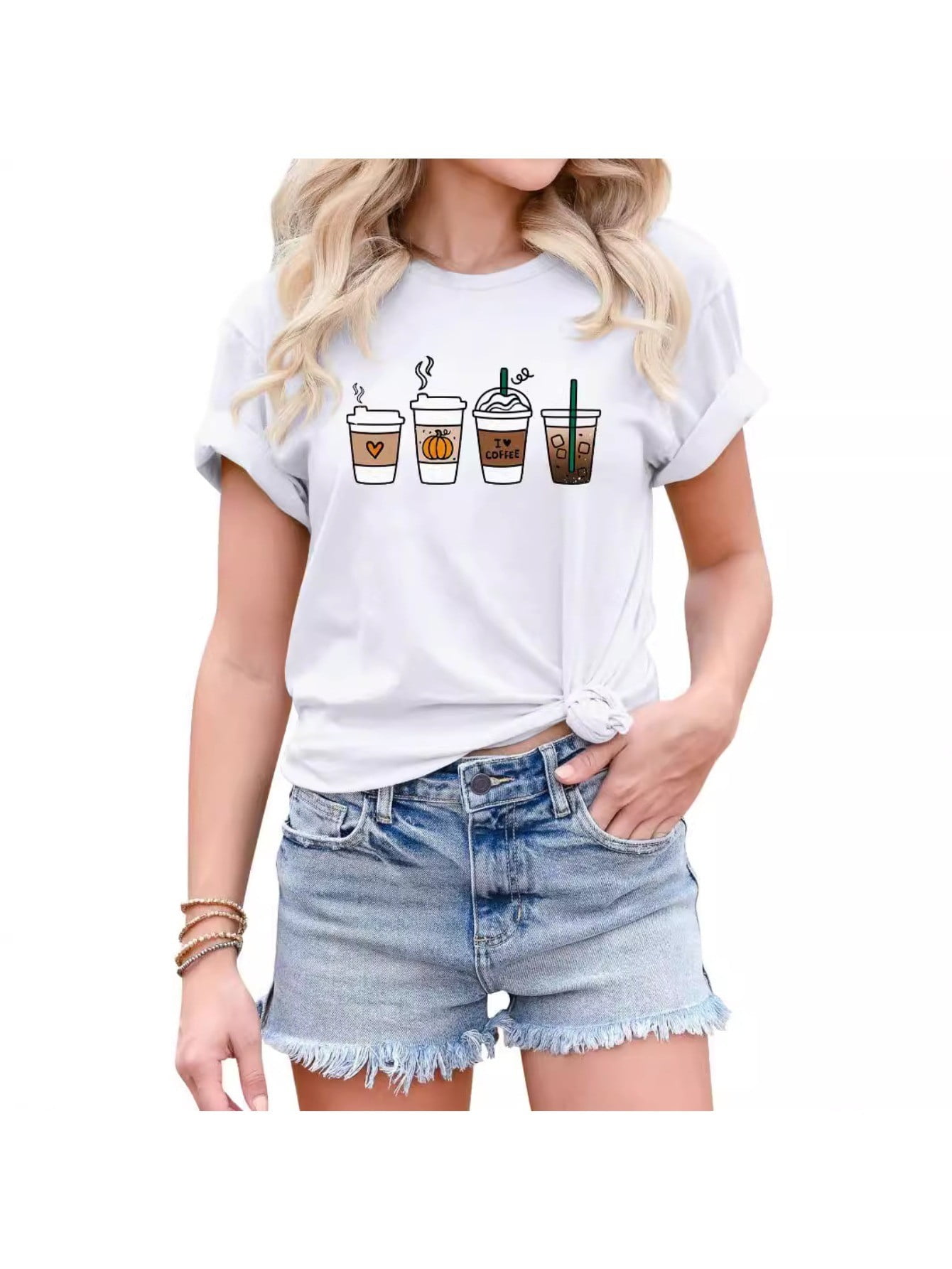 Coffee Print Crew Neck T-Shirt, Casual Short Sleeve T-Shirt For Spring ...