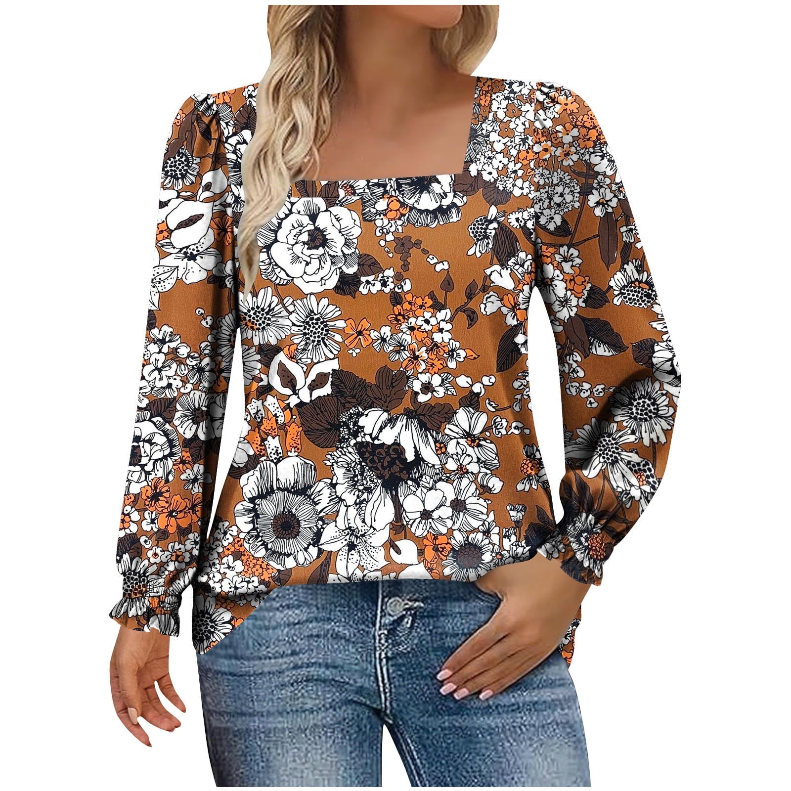Coffee Print Loose Fit Tops for Women Winter Fall Long Puff Sleeve ...