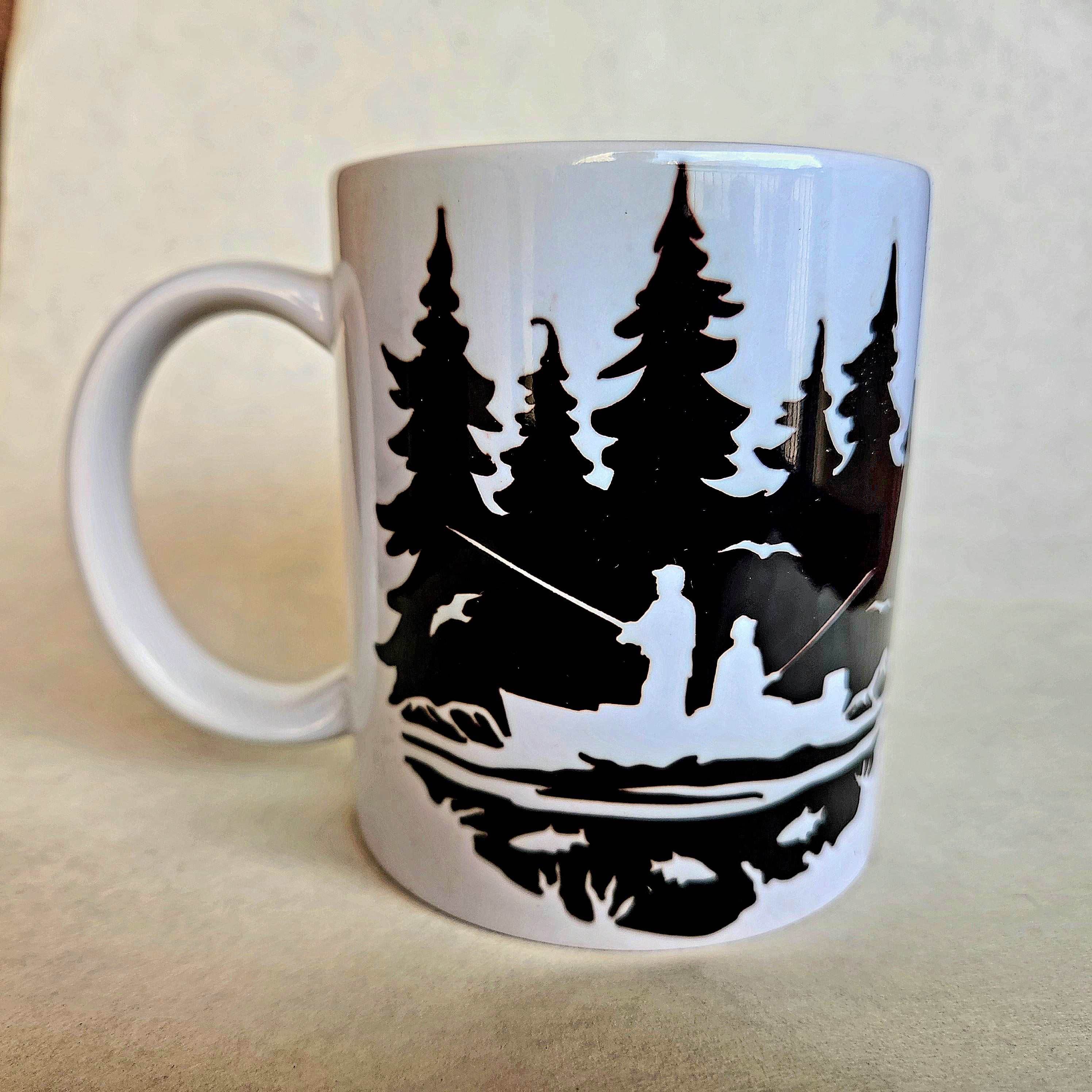 Coffee Quips Mugs, 12 oz, Silhouette Early Morning Fishing on the Lake ...
