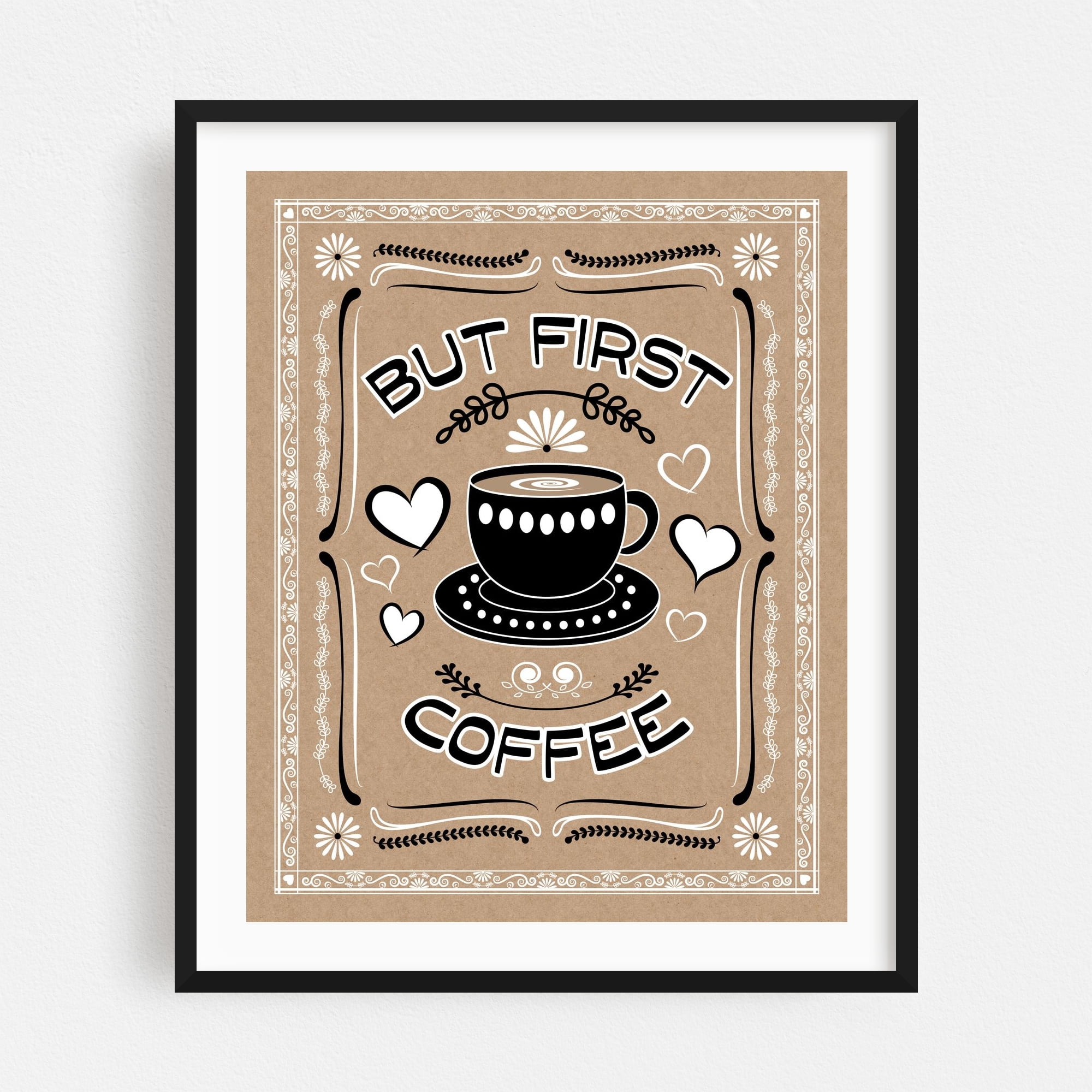 Coffee Quote // Retro But First Coffee // Black and White // Kraft ...
