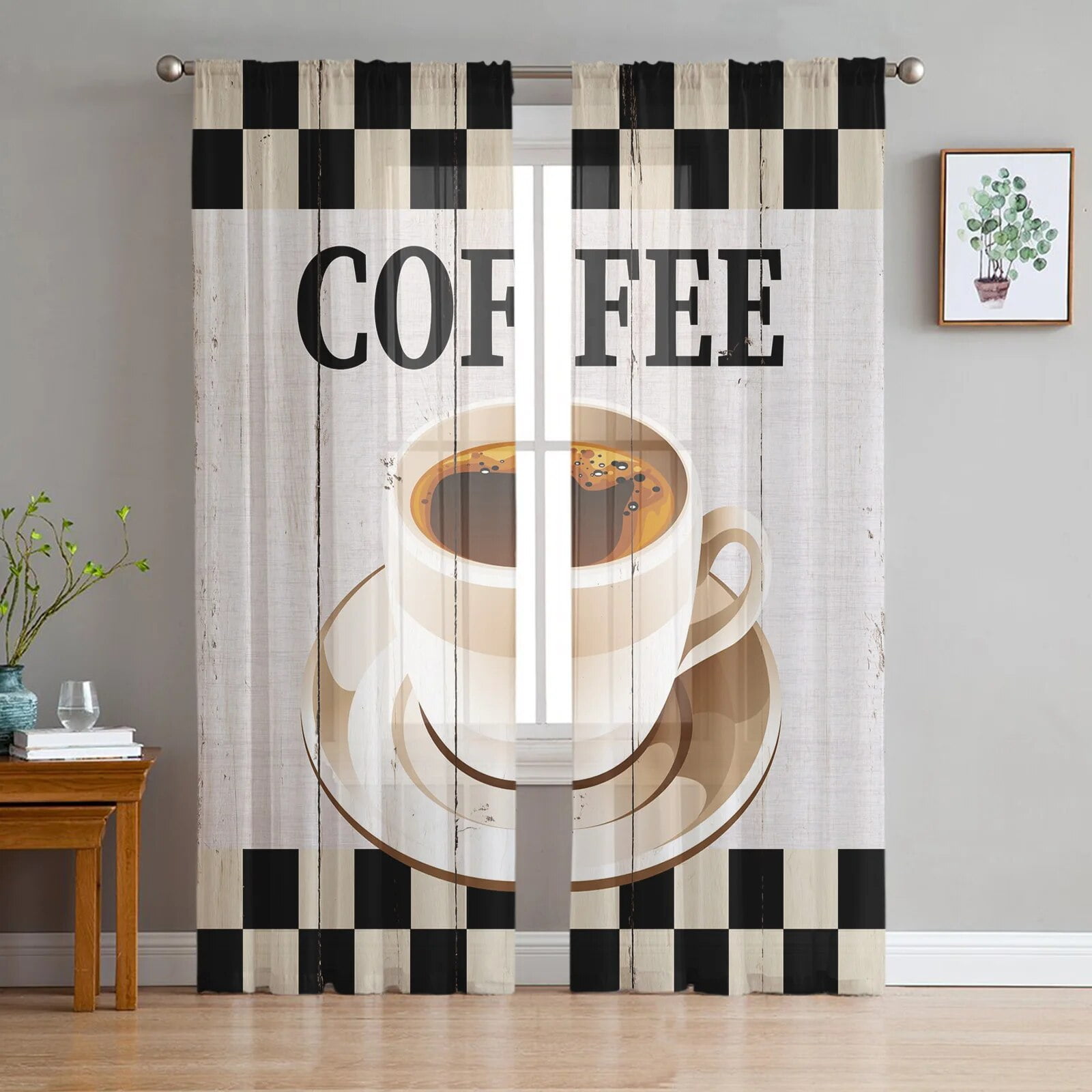 Coffee Retro Wood Grain Plaid Tulle Curtains For Living Room Kitchen ...