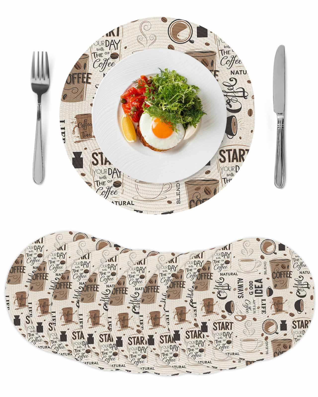 Coffee Round 15 Inch Placemats Set of 8, Brown Beans Cup Dessert Drink ...