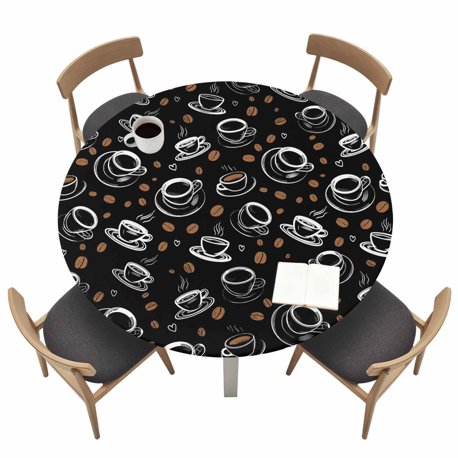 Coffee Round Fitted Tablecloth with Elastic Edge Vintage White Lines ...