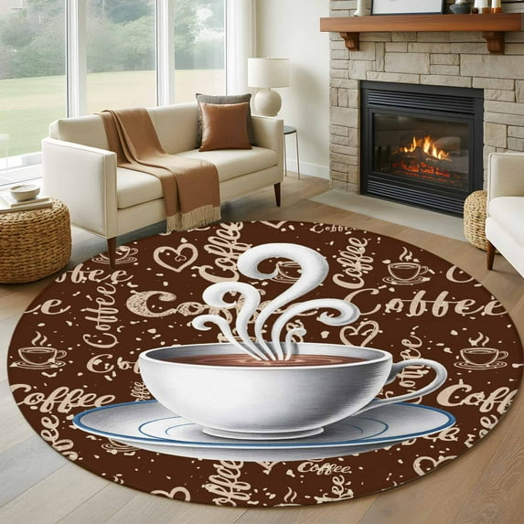 Coffee Round Rug 5ft Washable Circle Kitchen Rugs Non Slip Vintage Art ...