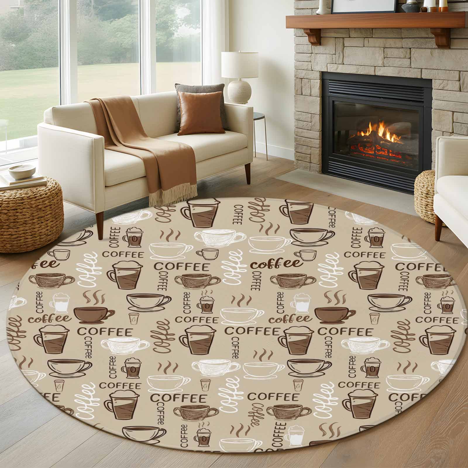 Coffee Round Rug 7ft Washable Circle Rugs Non Slip Beige Farmhouse ...