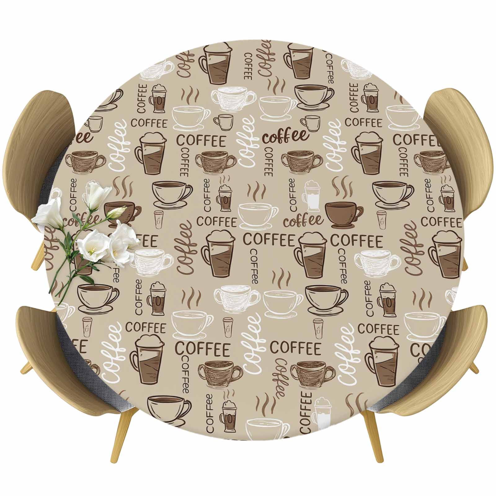 Coffee Round Tablecloth, Fitted Table Cover with Elastic for 55"-60 ...