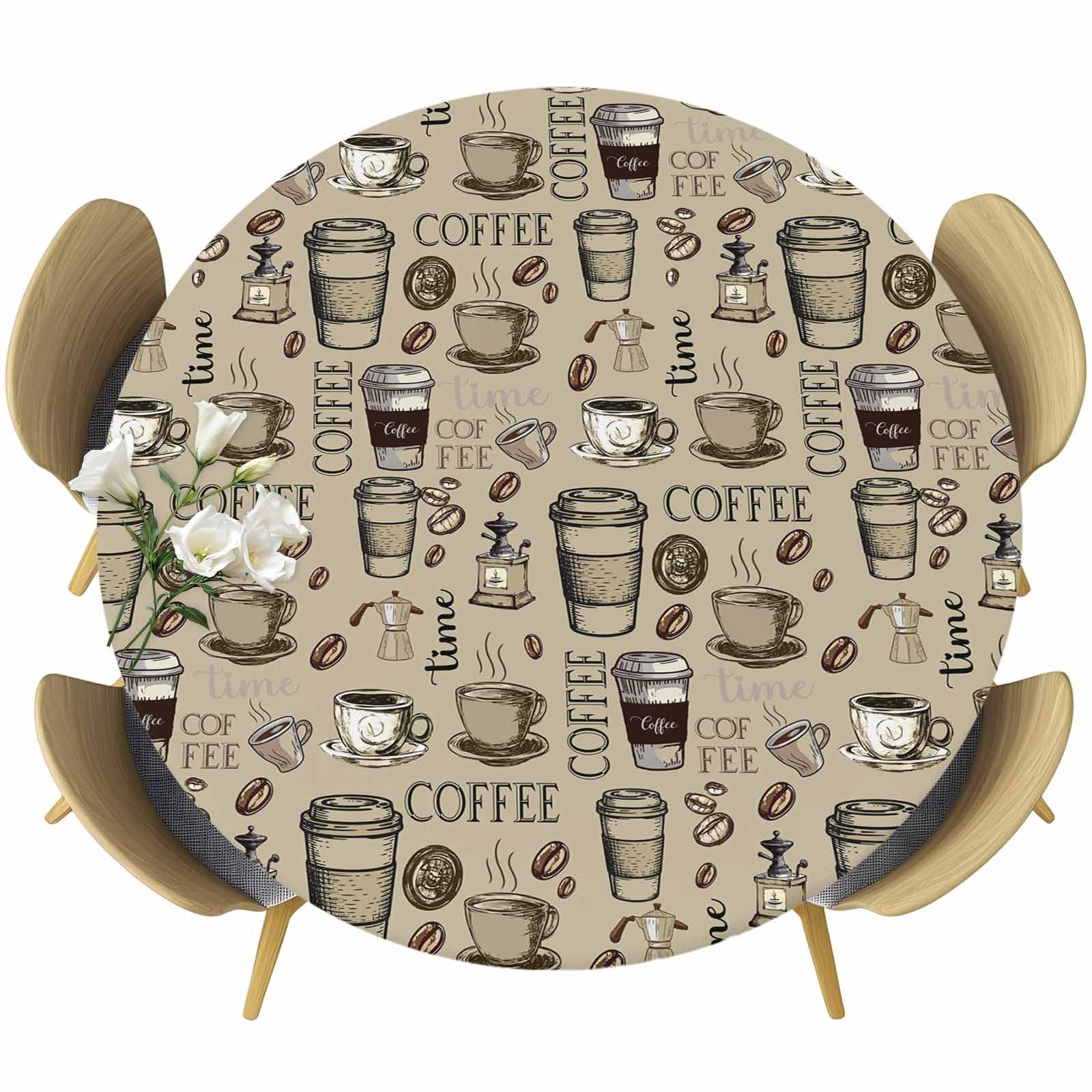 Coffee Round Tablecloth, Fitted Table Cover with Elastic for 55"-60 ...
