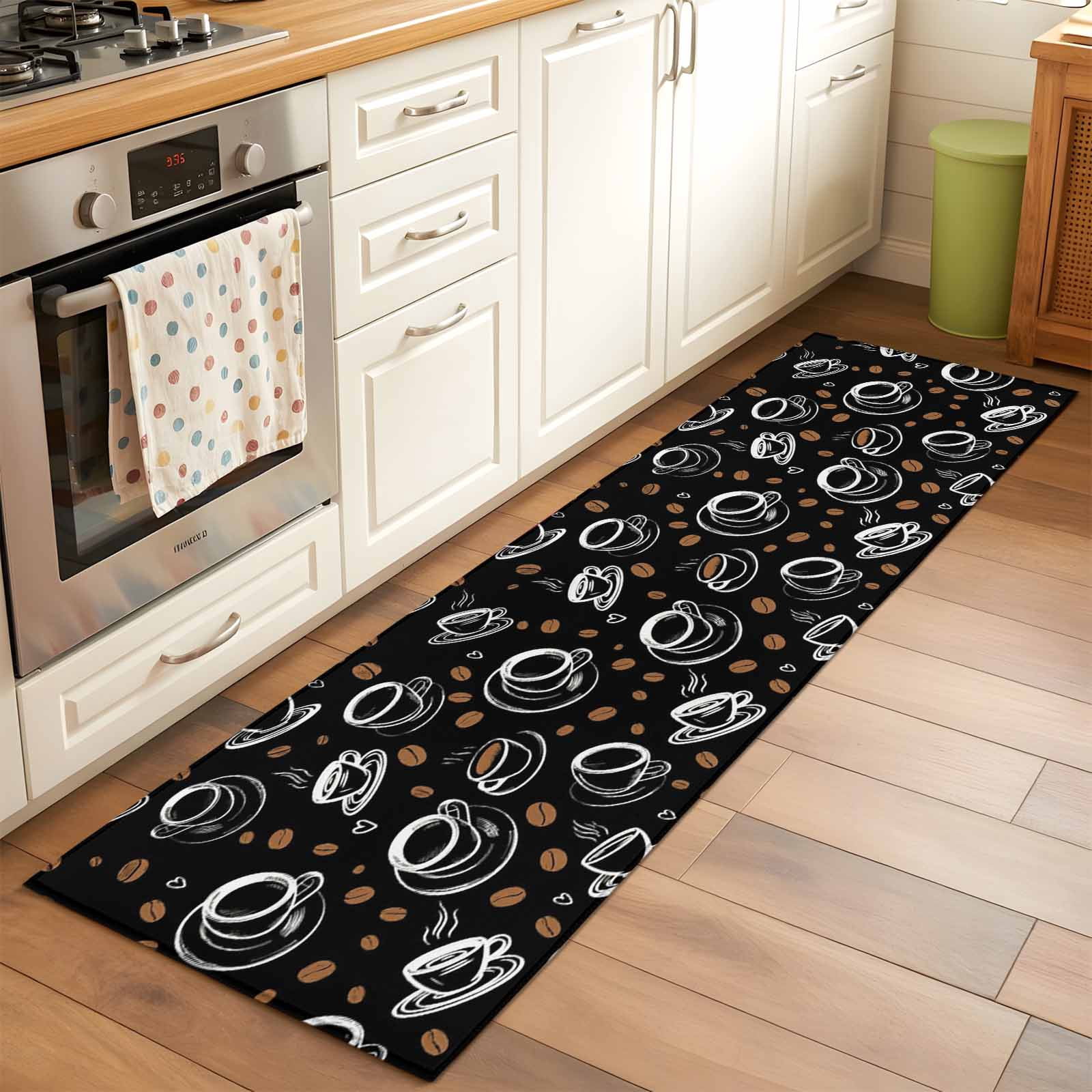 Coffee Runner Rugs 2x6 ft Vintage White Lines Coffee Beans Cups Black ...