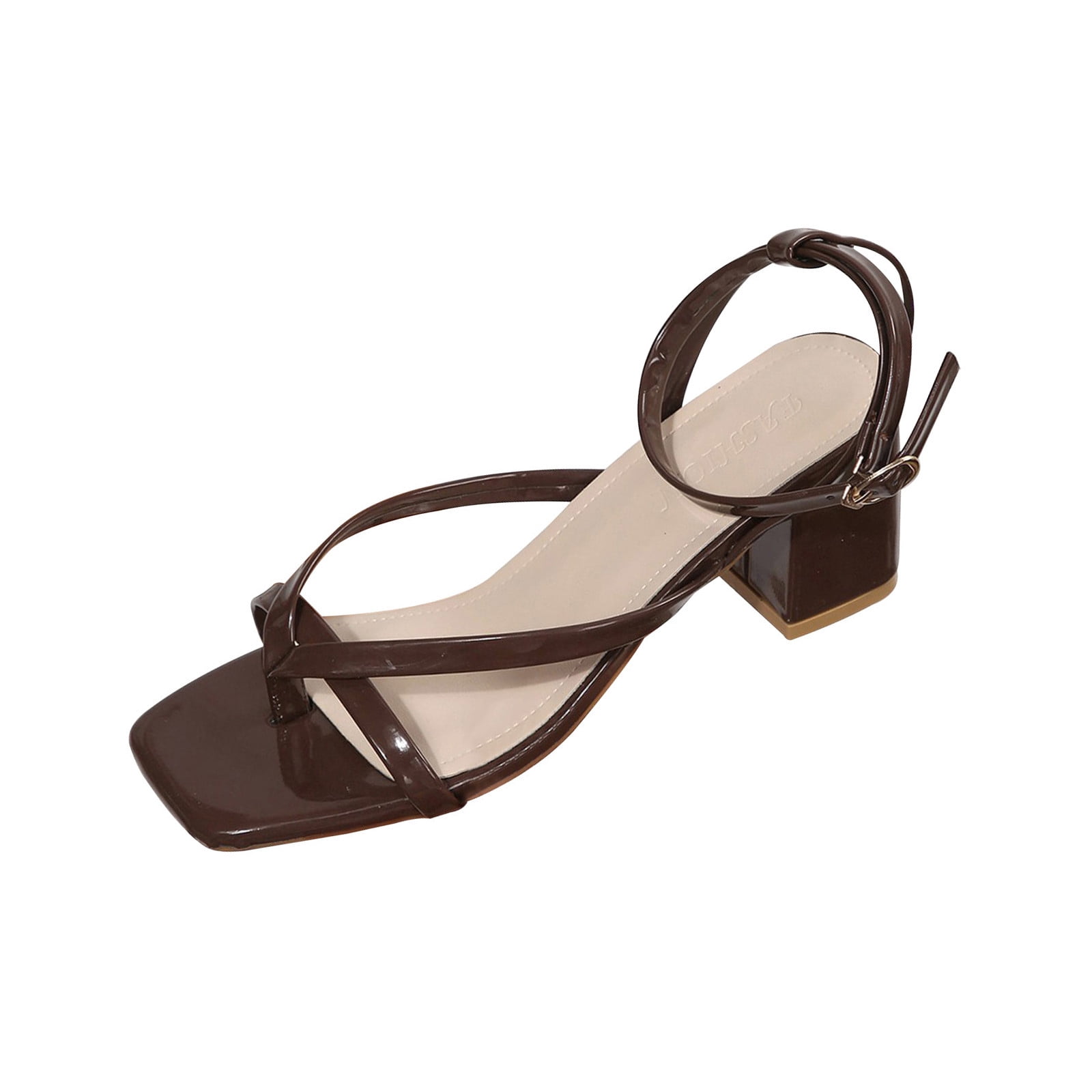 Coffee Sandals For Womens Block Heel Solid Color Square Toe Open Toe ...