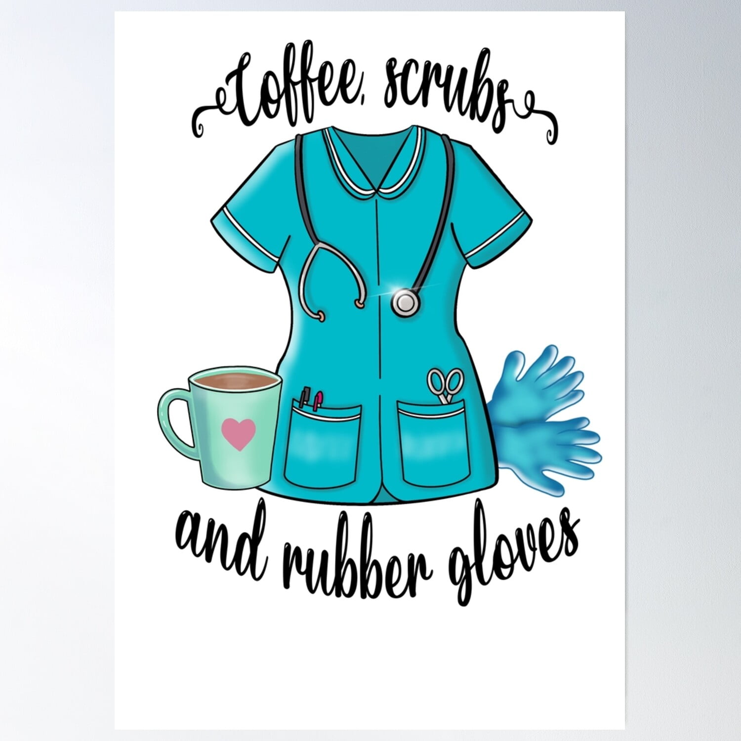 Coffee, Scrubs And Rubber Gloves Sticker Poster Wall Art, Modern Wall ...