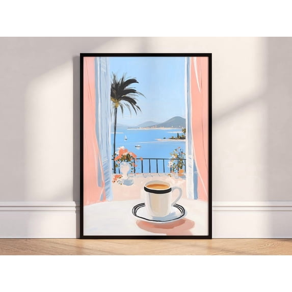 Coffee Sea View Poster, Mediterranean Balcony Art, Unframed Paper ...