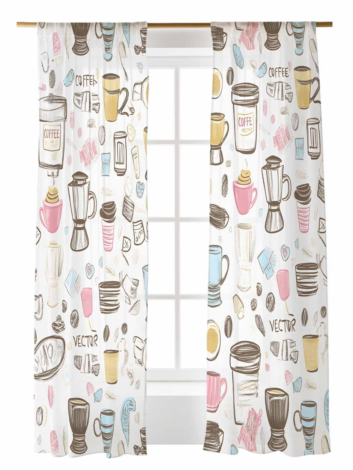 Coffee Sheer Curtains 2 Panels Set Cartoon Modern Hand Painted Lihgt ...
