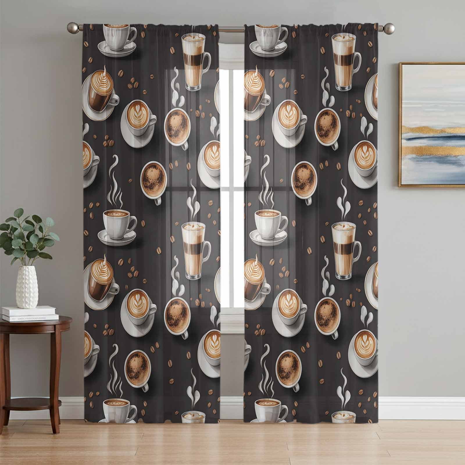 Coffee Sheer Curtains 84 Inch Length 2 Panels Set, Hot Cafe Cup Beans ...