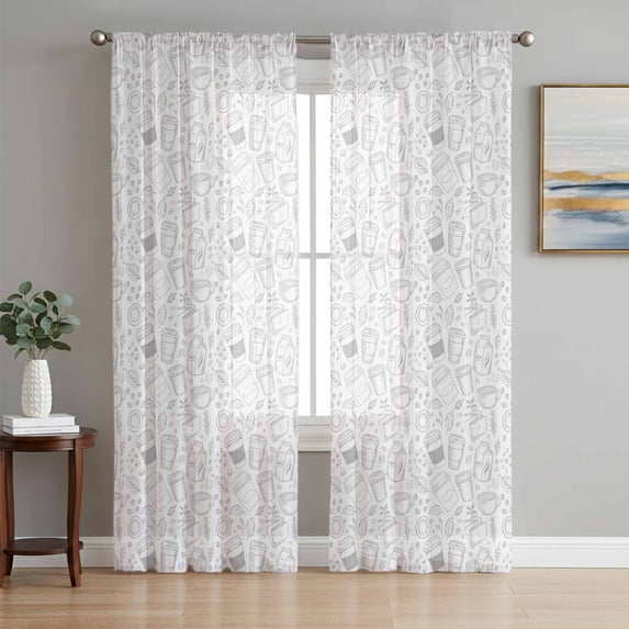 Coffee Sheer Curtains 96 Inch Length 2 Panels Set, White Grey Modern ...
