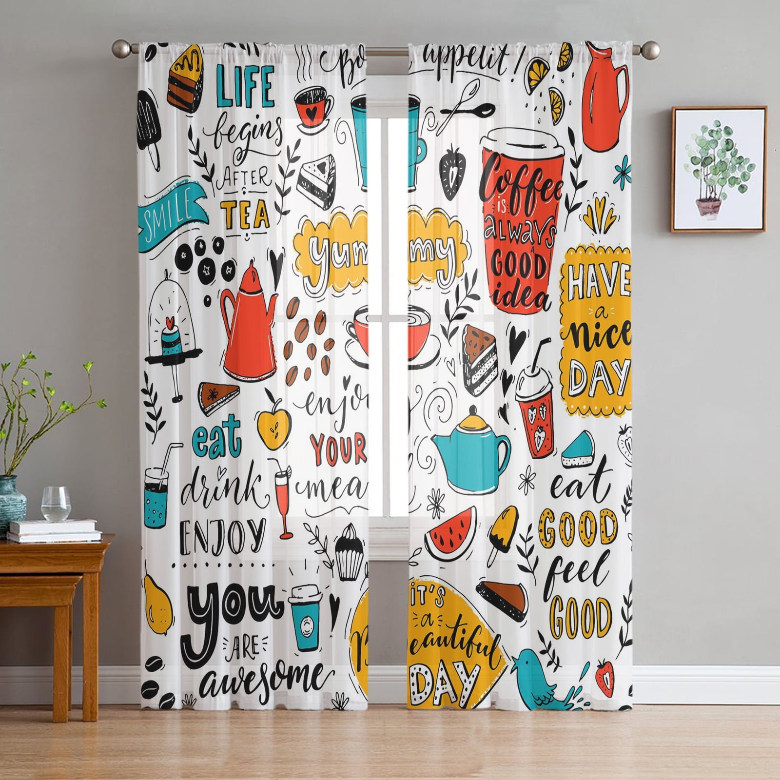 Coffee Shop Cafe Doodle Teapot Cup Food Sheer Curtains for Living Room ...