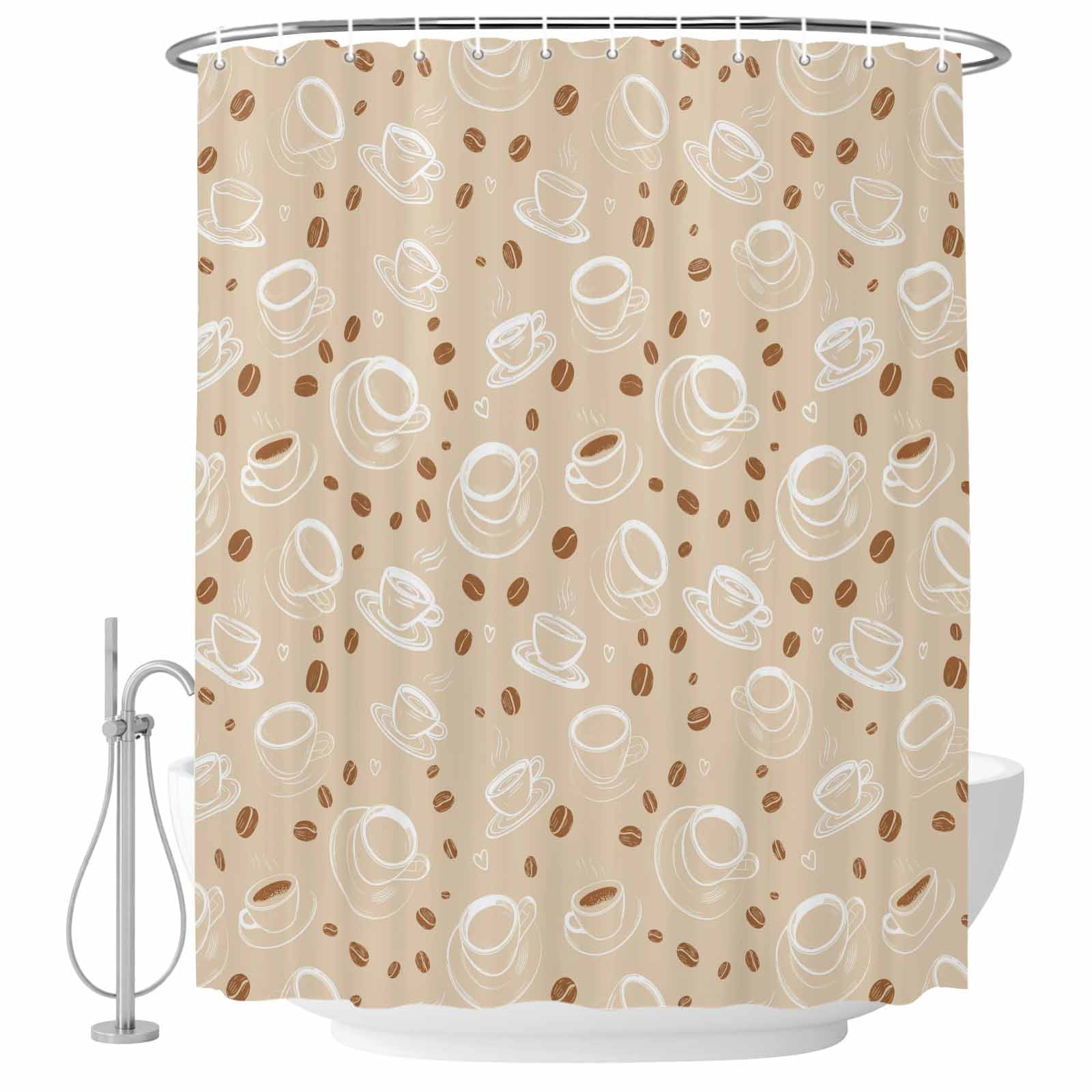 Coffee Shower Curtain, 48" x 72", Vintage White Lines Coffee Beans Cups ...