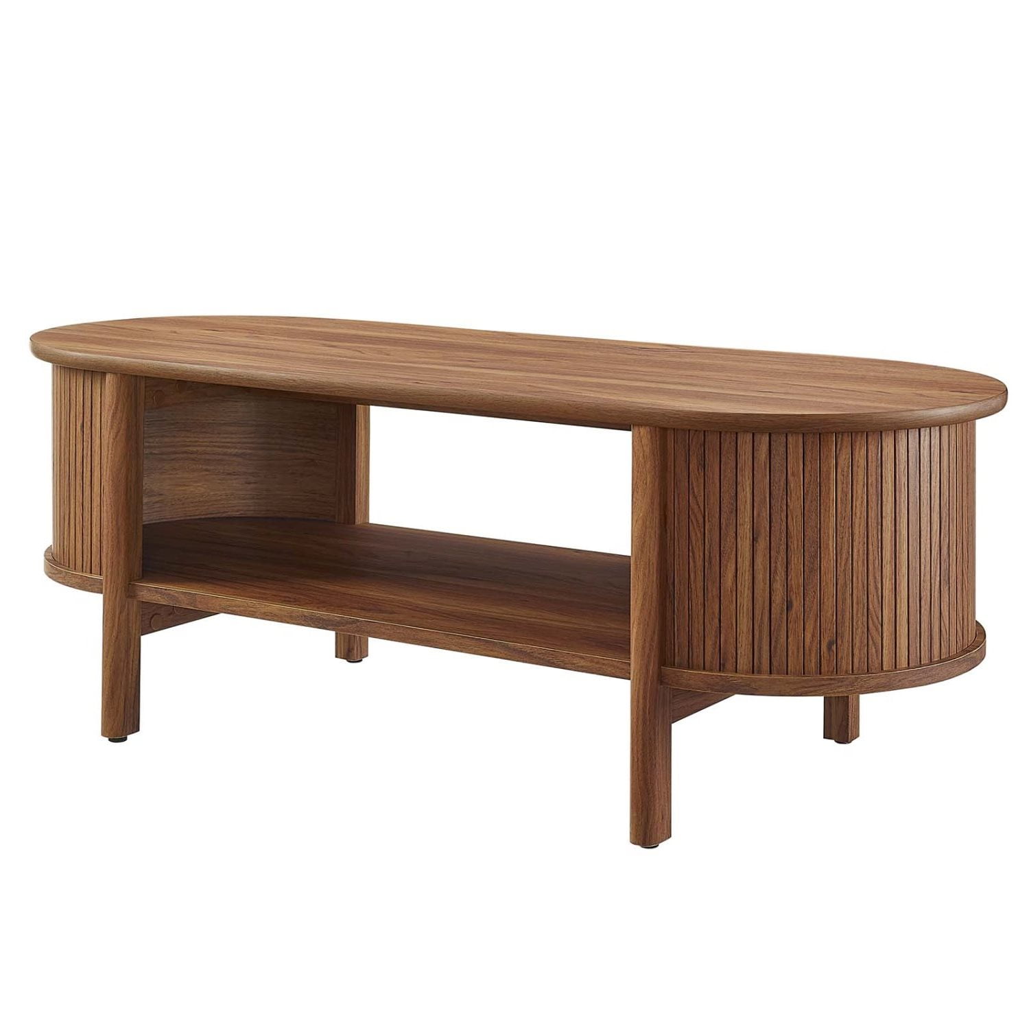 ModÃ Coffee Table, Oval Walnut Wood, Fluted Sides, Open Storage Shelf ...