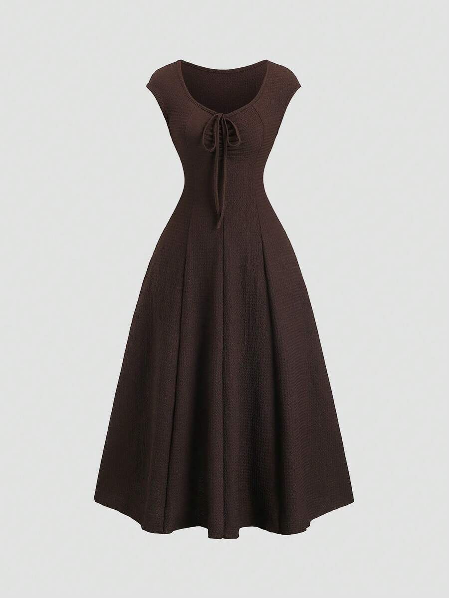 Coffee Solid Color Cinching Waist Fitted Knit A-Line Maxi Dress With ...