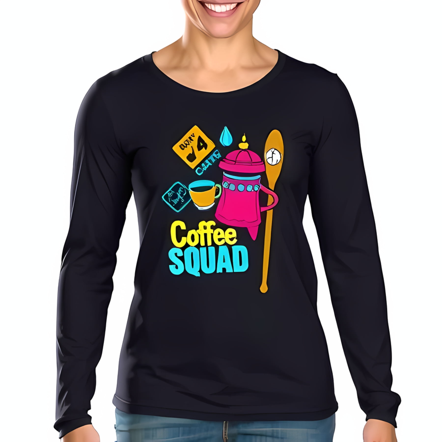 Coffee Squad Long Sleeve T-Shirt - Dark Navy Blue with Colorful Coffee Pot & Cup Graphic Retro ...
