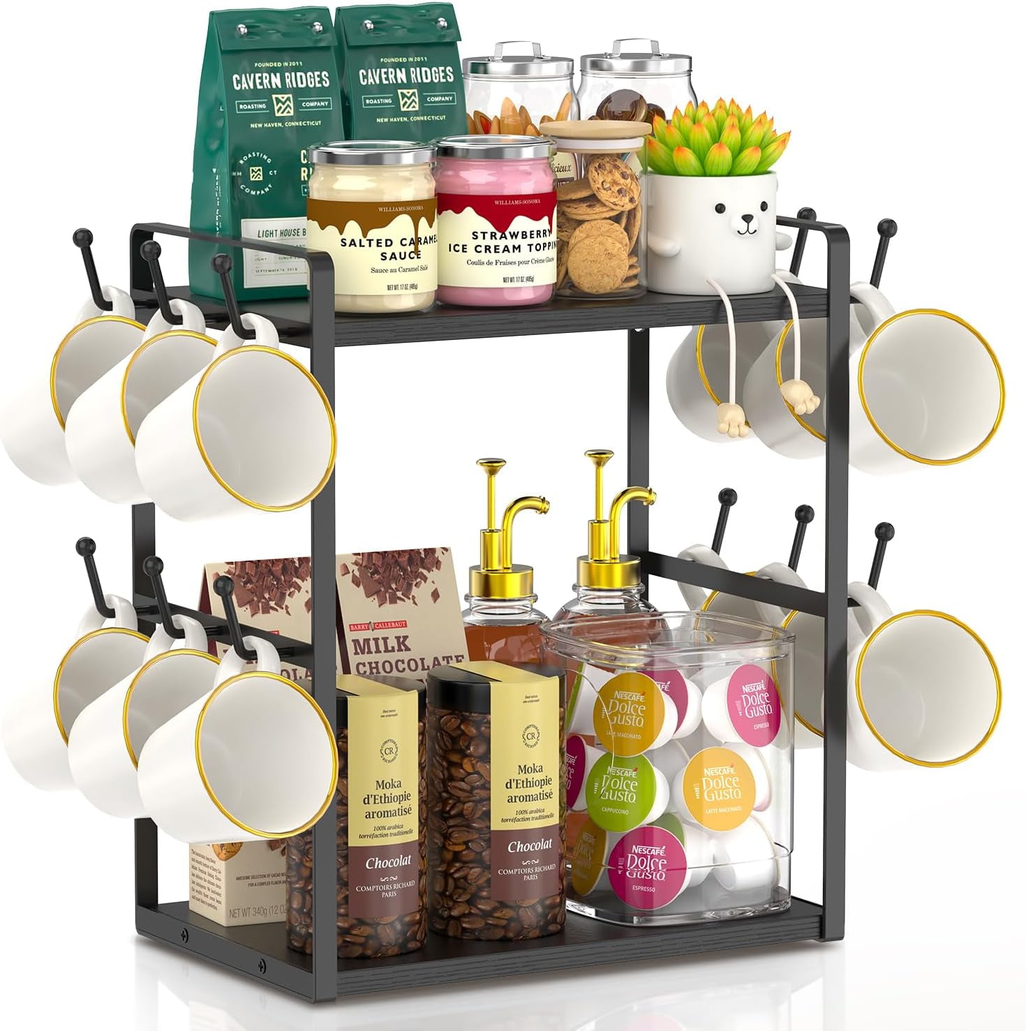 Coffee Station Bar Organizer Mug Holder Stand Countertop, 2 Tier Mug ...