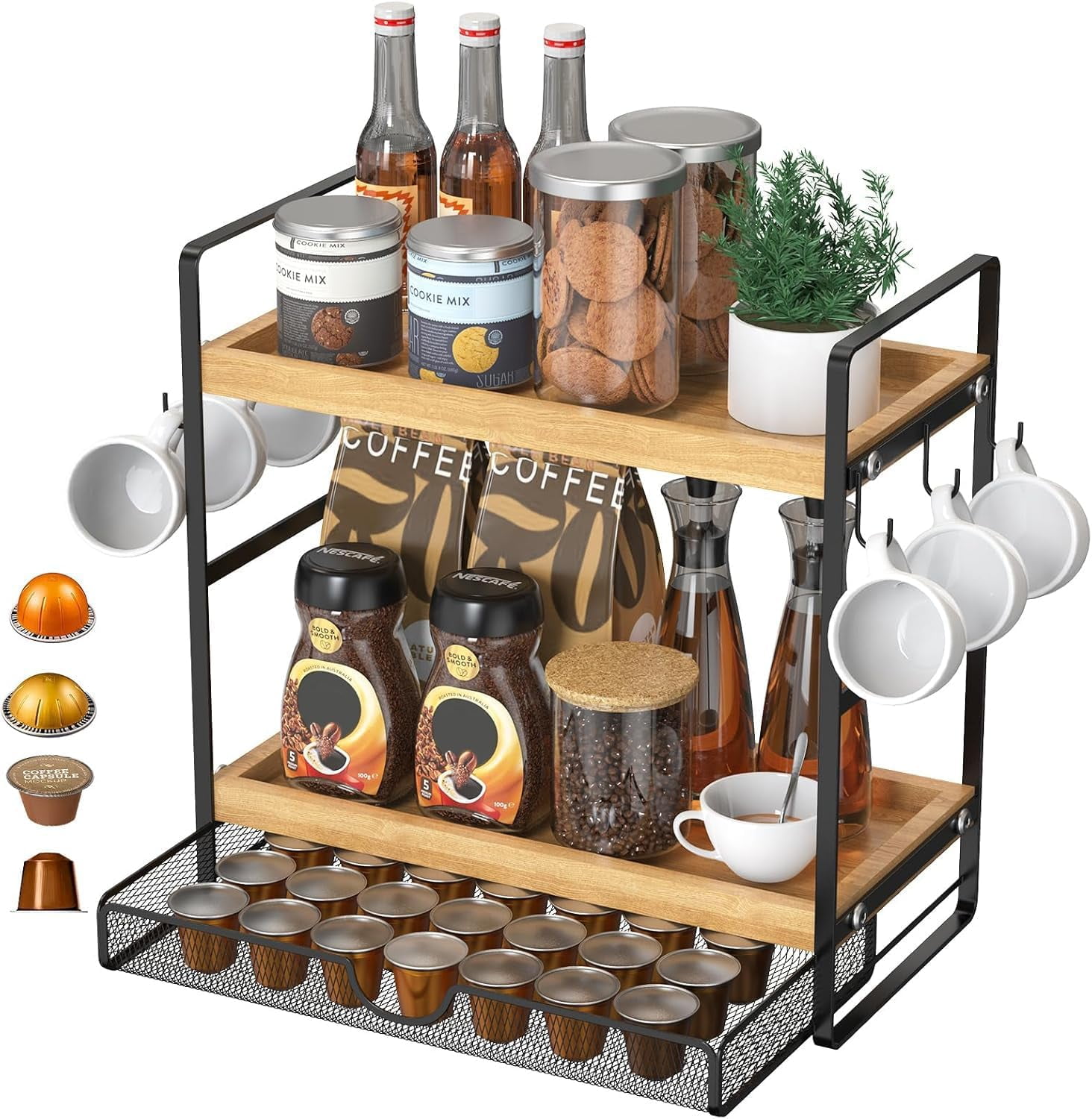 THENNIKIGO Coffee Station Organizer with Pod Holder and Drawer Brown ...
