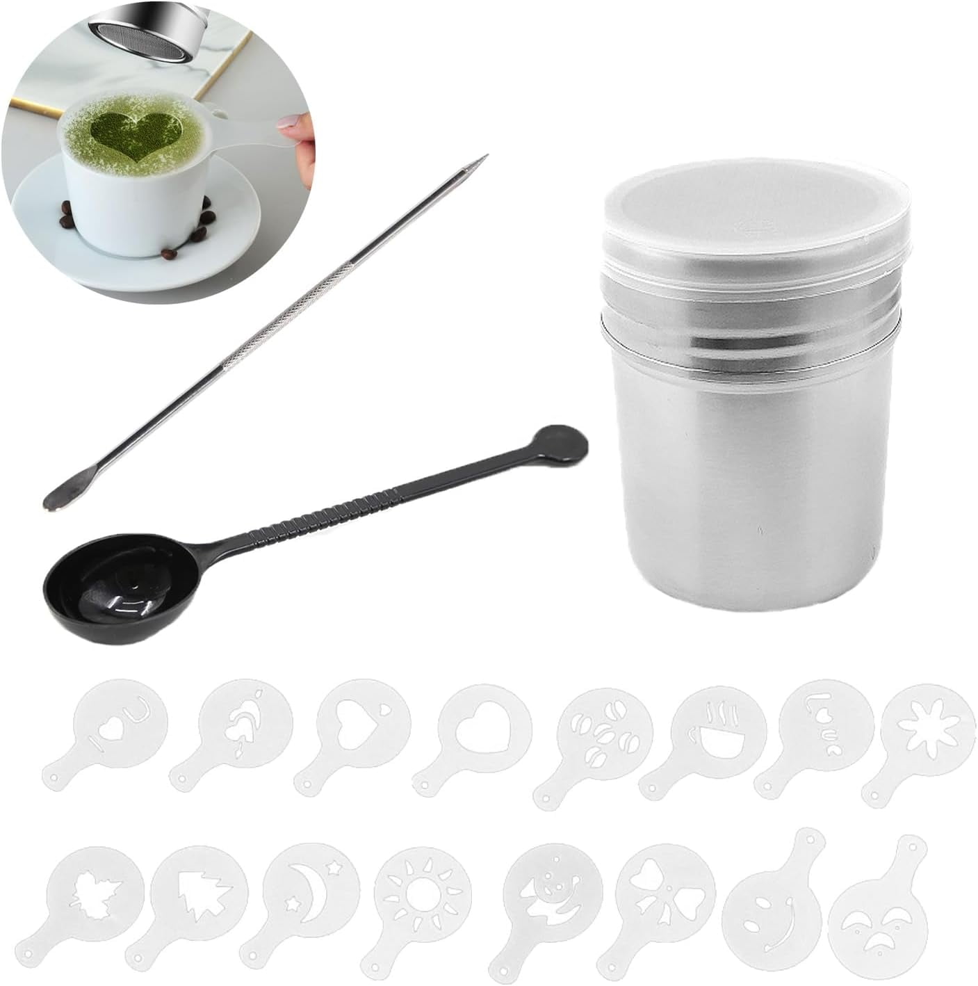 Coffee Stencils and Shaker Latte Art Tool Set with Pen Spoon Coffee ...