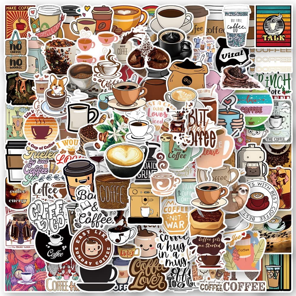 Coffee Stickers| 100 Pack | Vinyl Waterproof Drink Coffee Stickers for ...