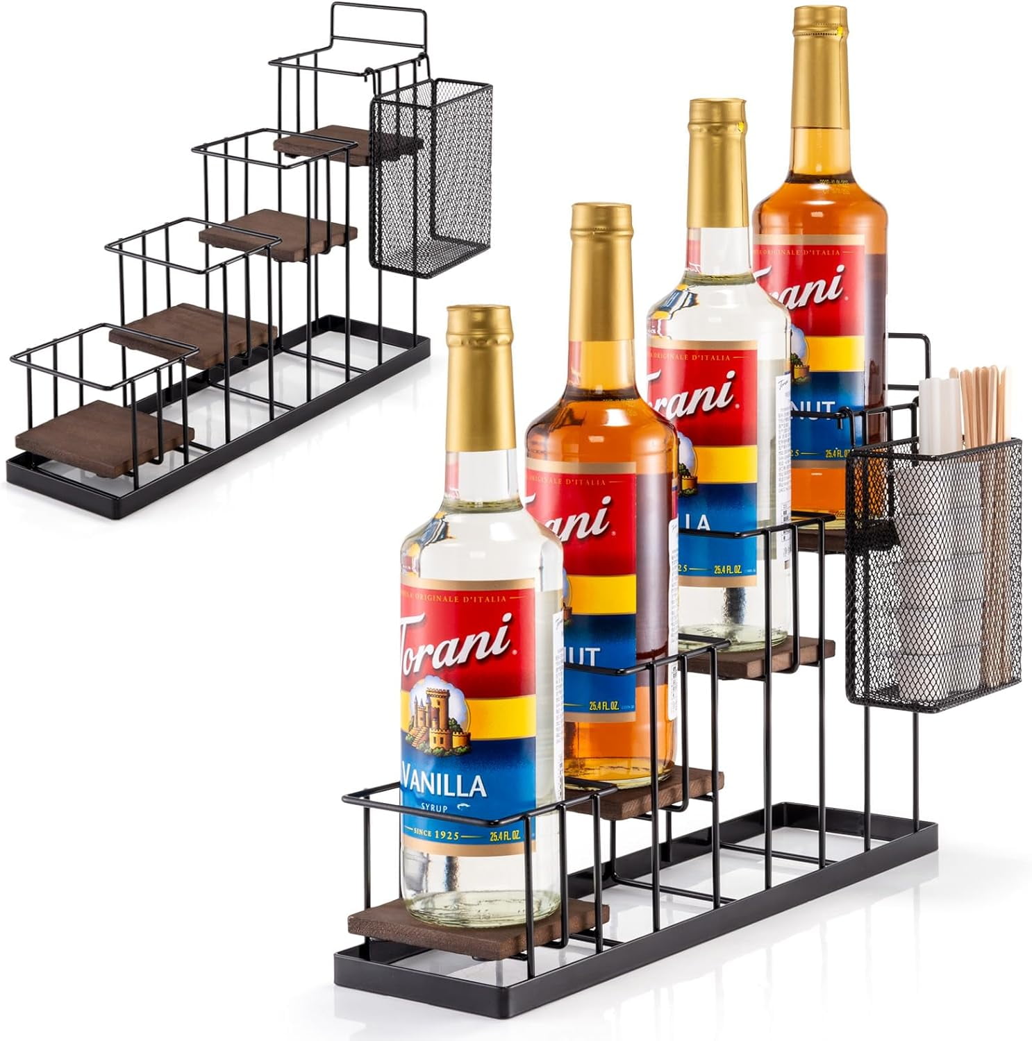 Coffee Syrup Rack Organizer, with Rustic Wood Holder Coffee Station Bar ...