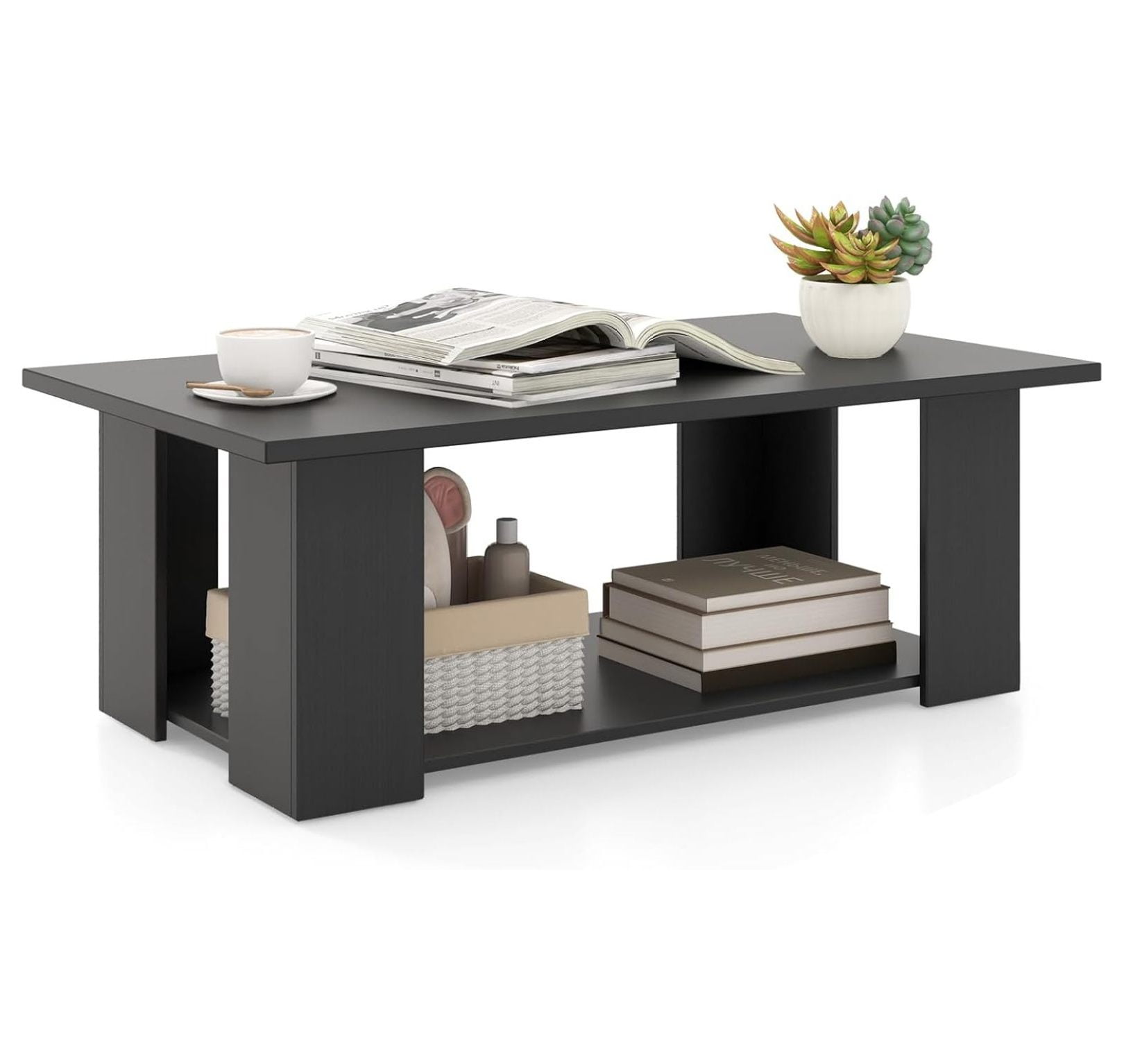 Coffee Table, 2-Tier Center Table with Open Storage Shelf, Rectangular ...